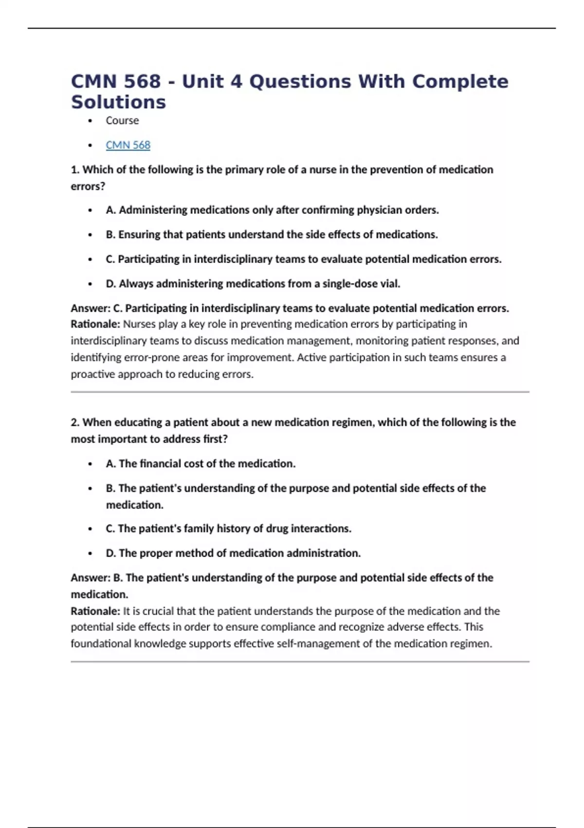 CMN 568 - Unit 4 Questions With Complete Solutions - CMN 568 - Stuvia US