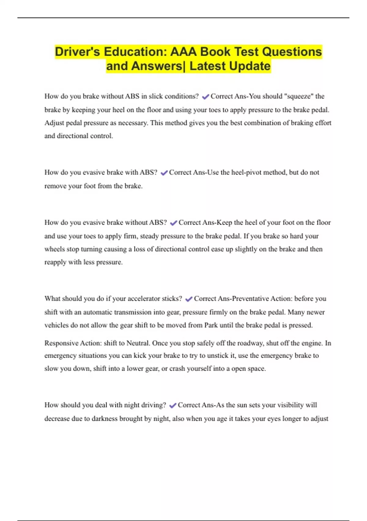 Driver's Education: AAA Book Test Questions and Answers| Latest Update ...