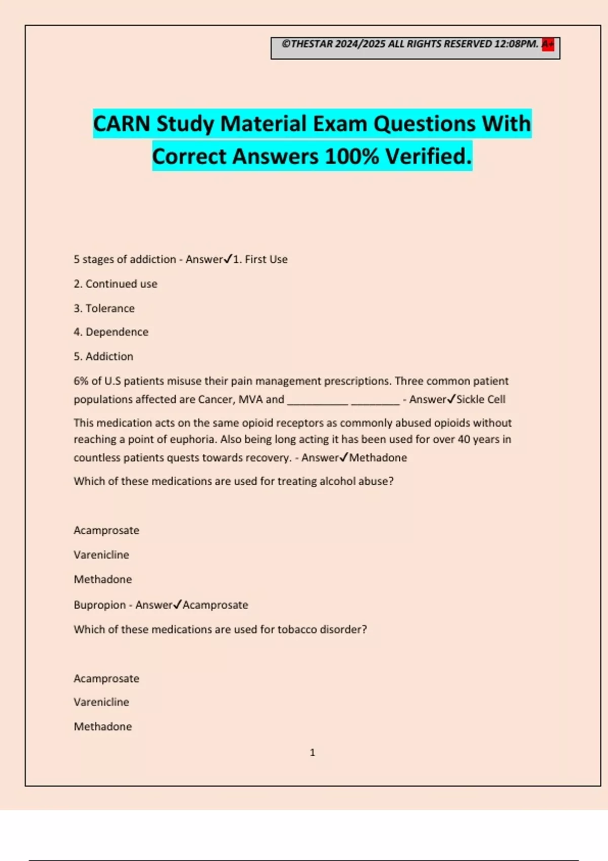 CARN Study Material Exam Questions With Correct Answers 100% Verified ...