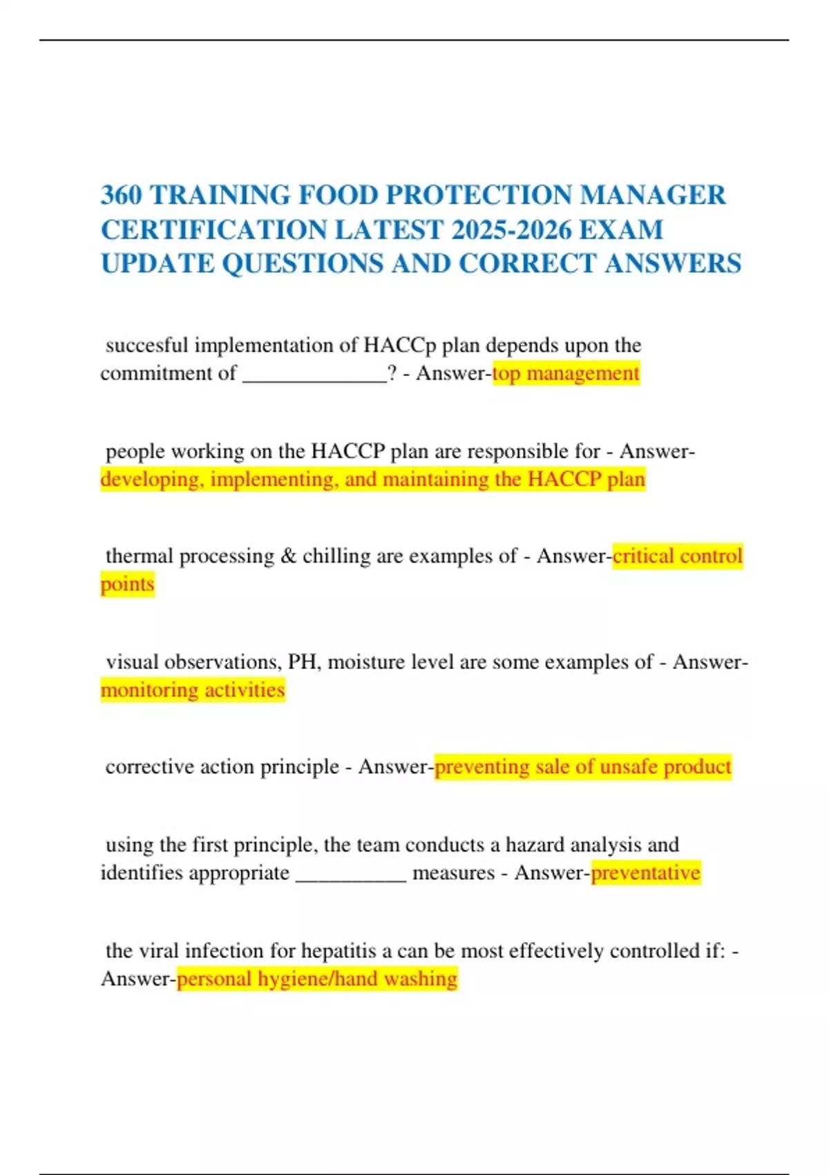 360 TRAINING FOOD PROTECTION MANAGER CERTIFICATION LATEST EXAM UPDATE ...