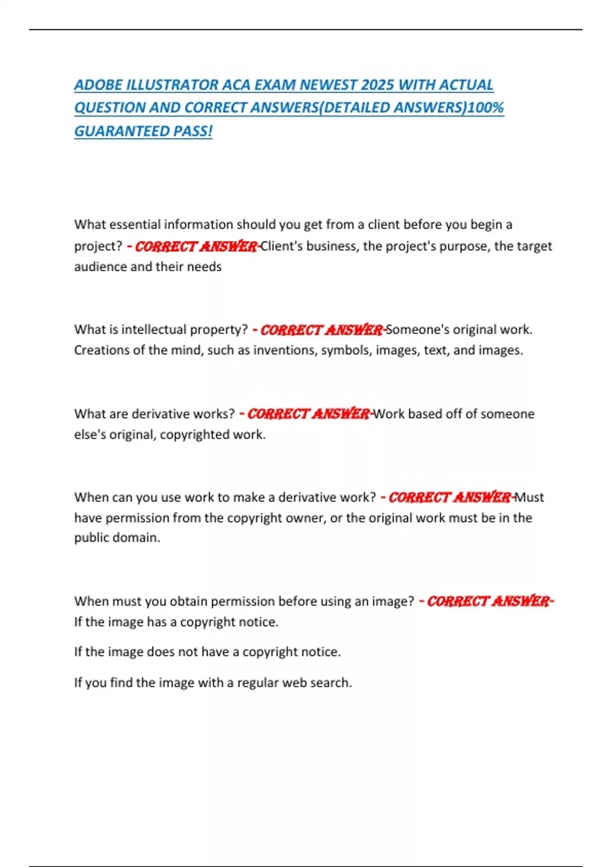 ADOBE ILLUSTRATOR ACA EXAM NEWEST 2025 WITH ACTUAL QUESTION AND CORRECT ...