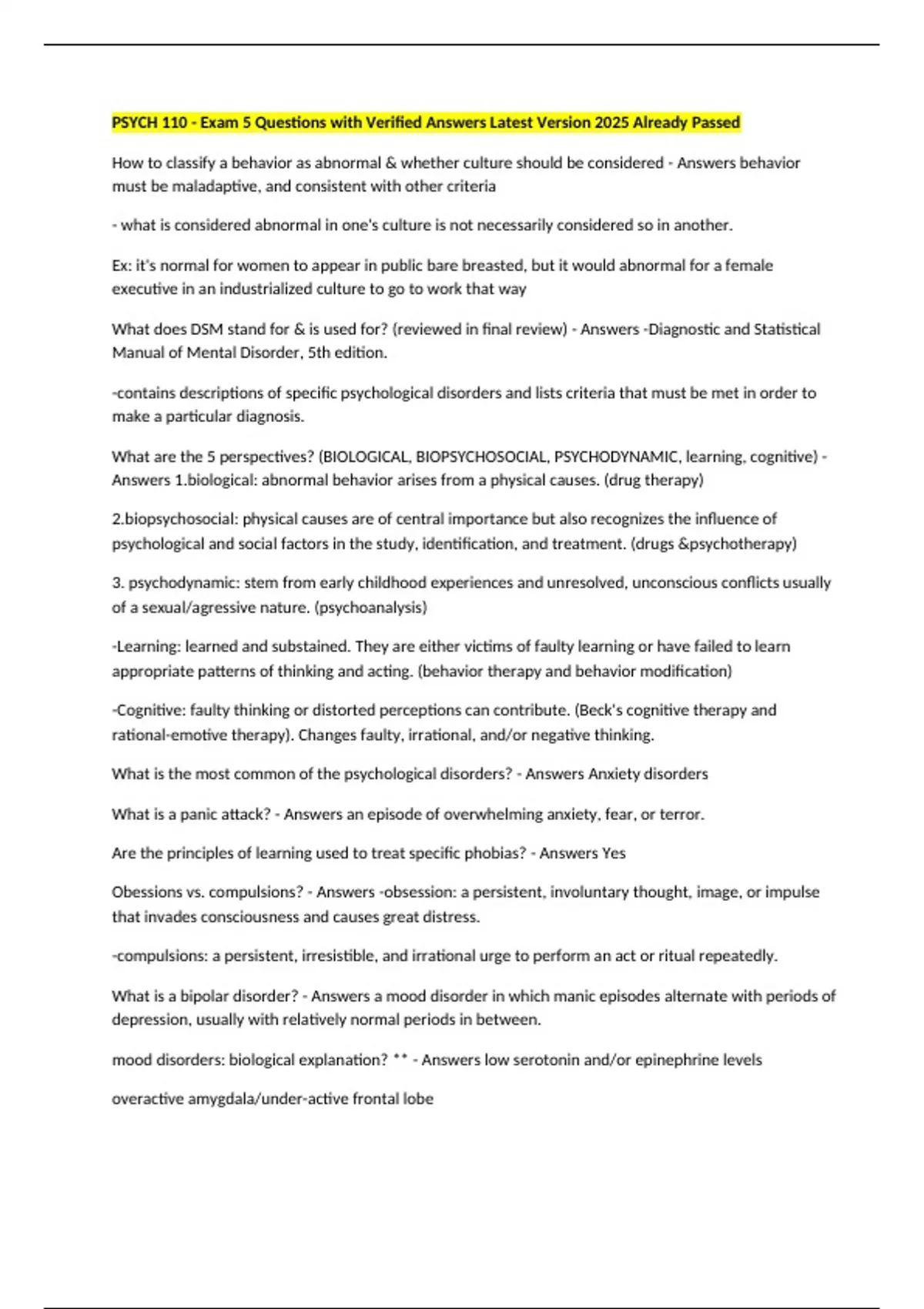 PSYCH 110 - Exam 5 Questions with Verified Answers Latest Version 2025 ...