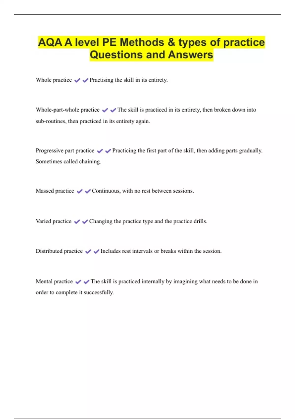 AQA A level PE Methods & types of practice Questions and Answers - AQA ...