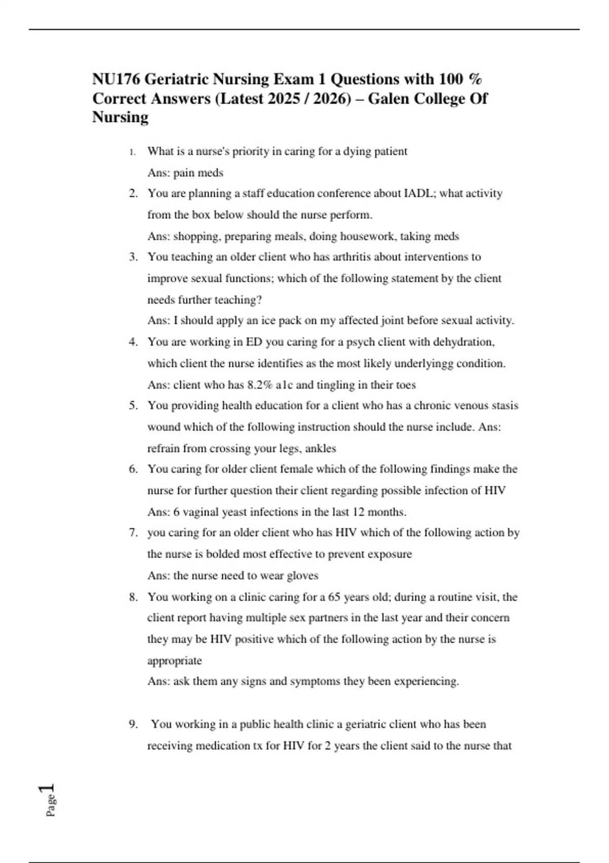 NU176 Geriatric Nursing Exam 1 Questions with 100 % Correct Answers ...
