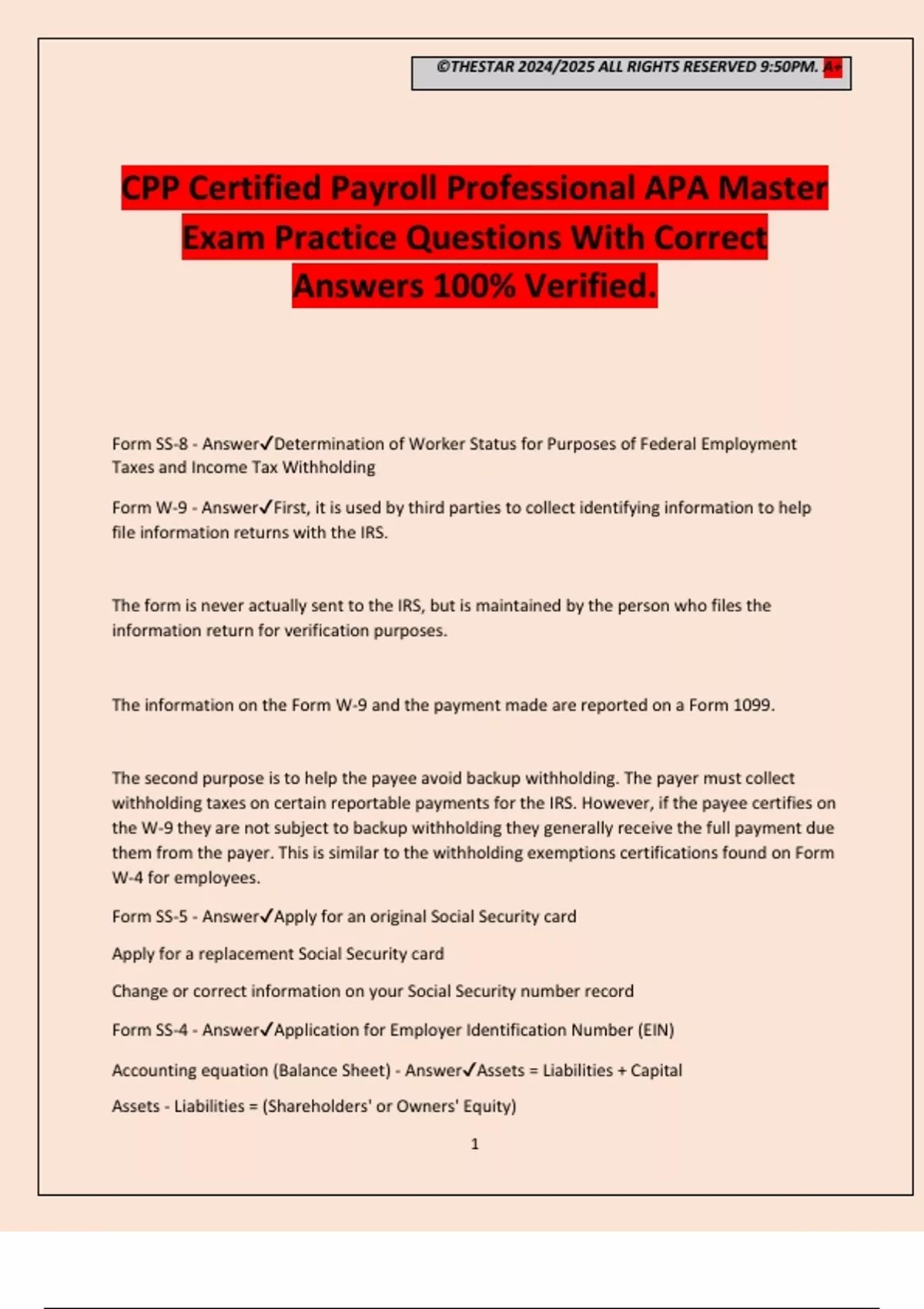 CPP Certified Payroll Professional APA Master Exam Practice Questions With Correct Answers 100% ...