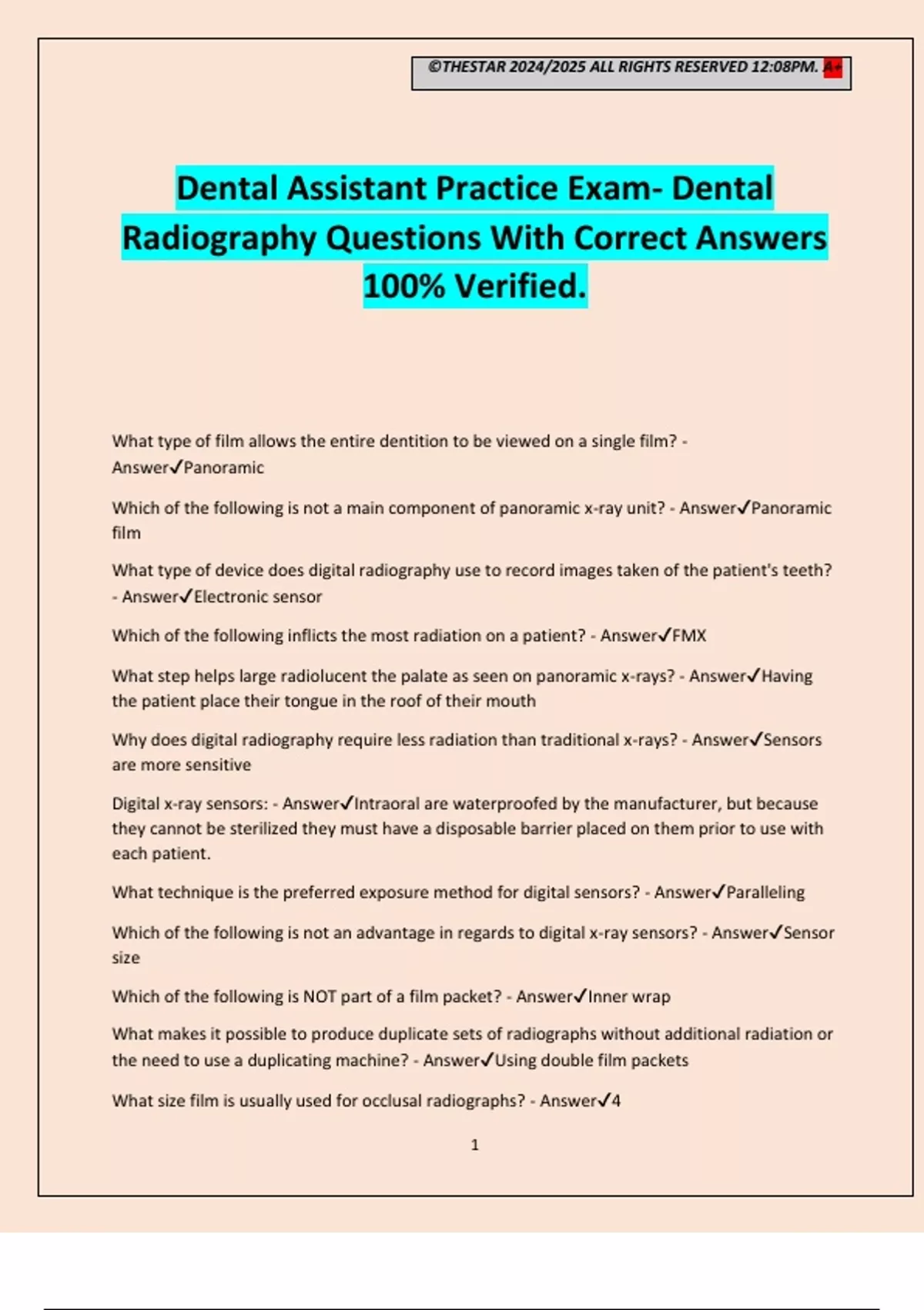 Dental Assistant Practice Exam- Dental Radiography Questions With ...