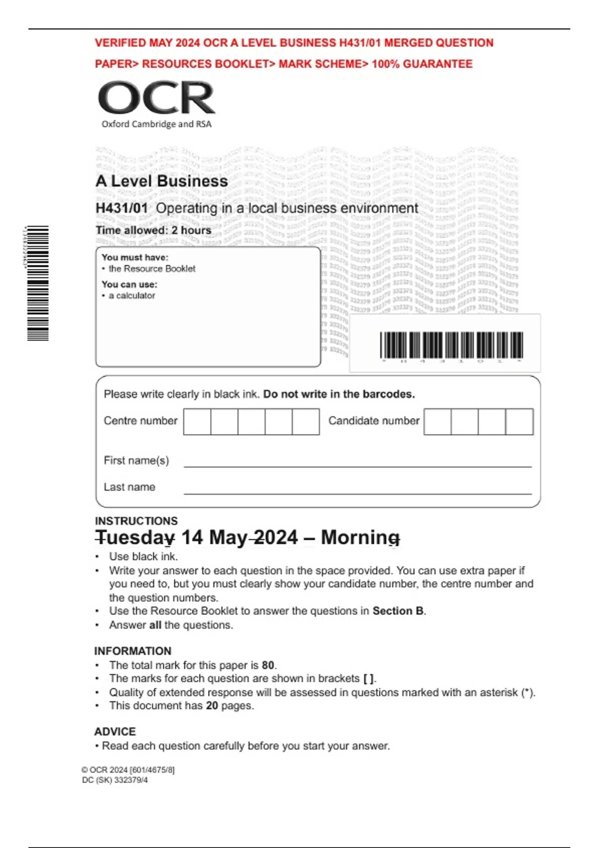 VERIFIED MAY 2024 OCR A LEVEL BUSINESS H431/01 MERGED QUESTION PAPER RESOURCES BOOKLET MARK ...