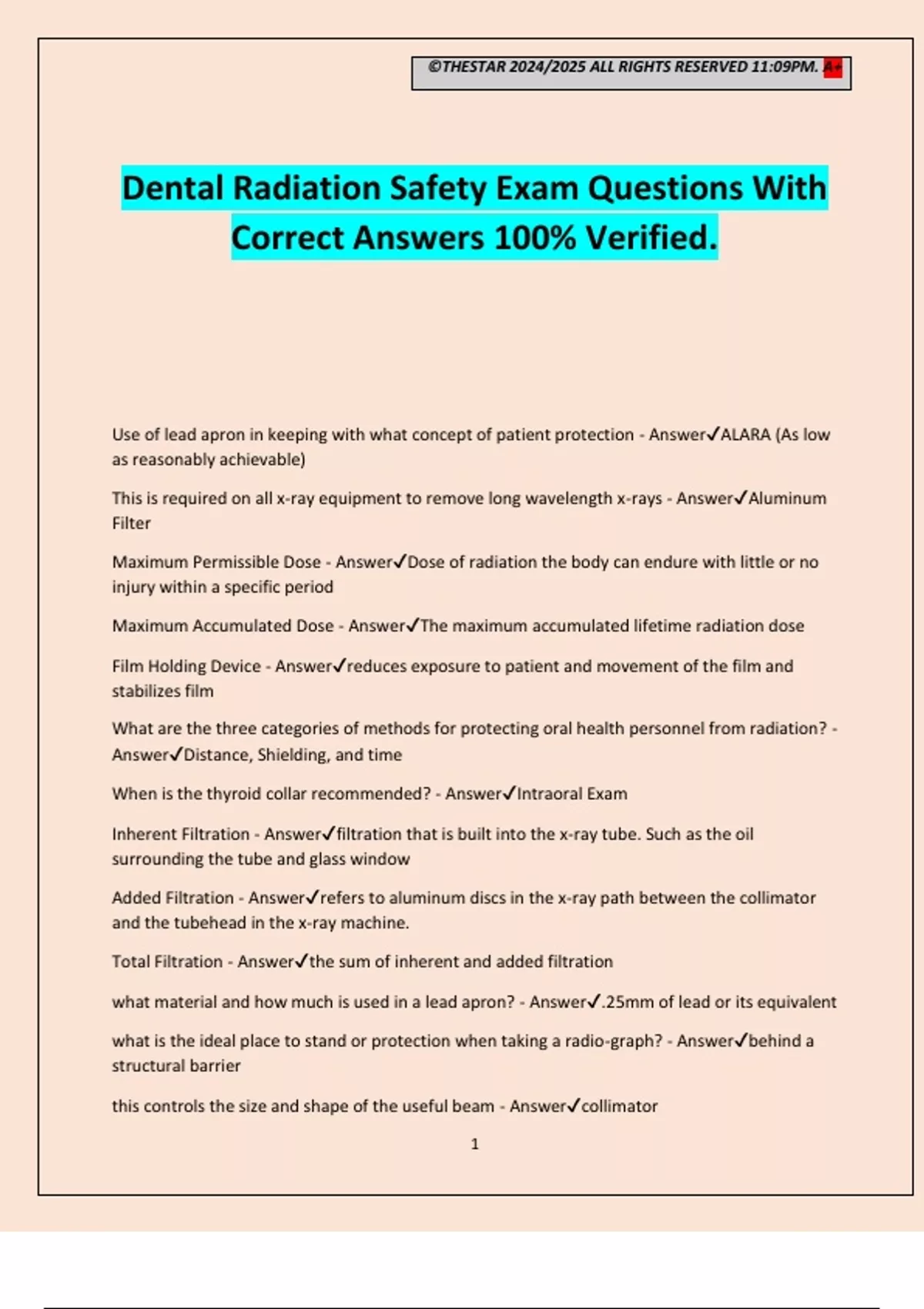 Dental Radiation Safety Exam Questions With Correct Answers 100% ...