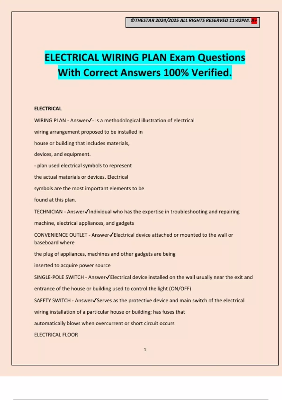 ELECTRICAL WIRING PLAN Exam Questions With Correct Answers 100% ...
