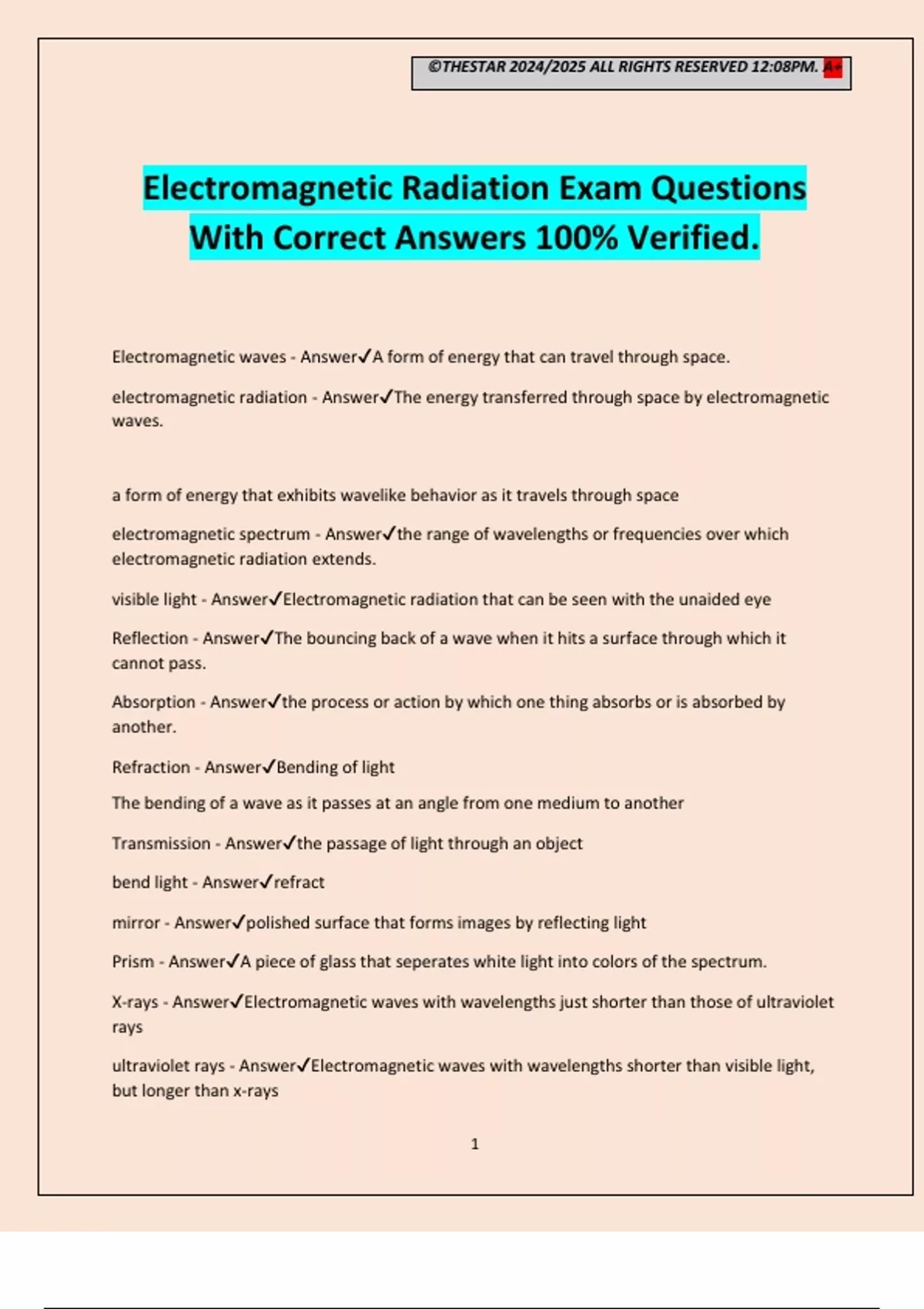 Electromagnetic Radiation Exam Questions With Correct Answers 100% ...