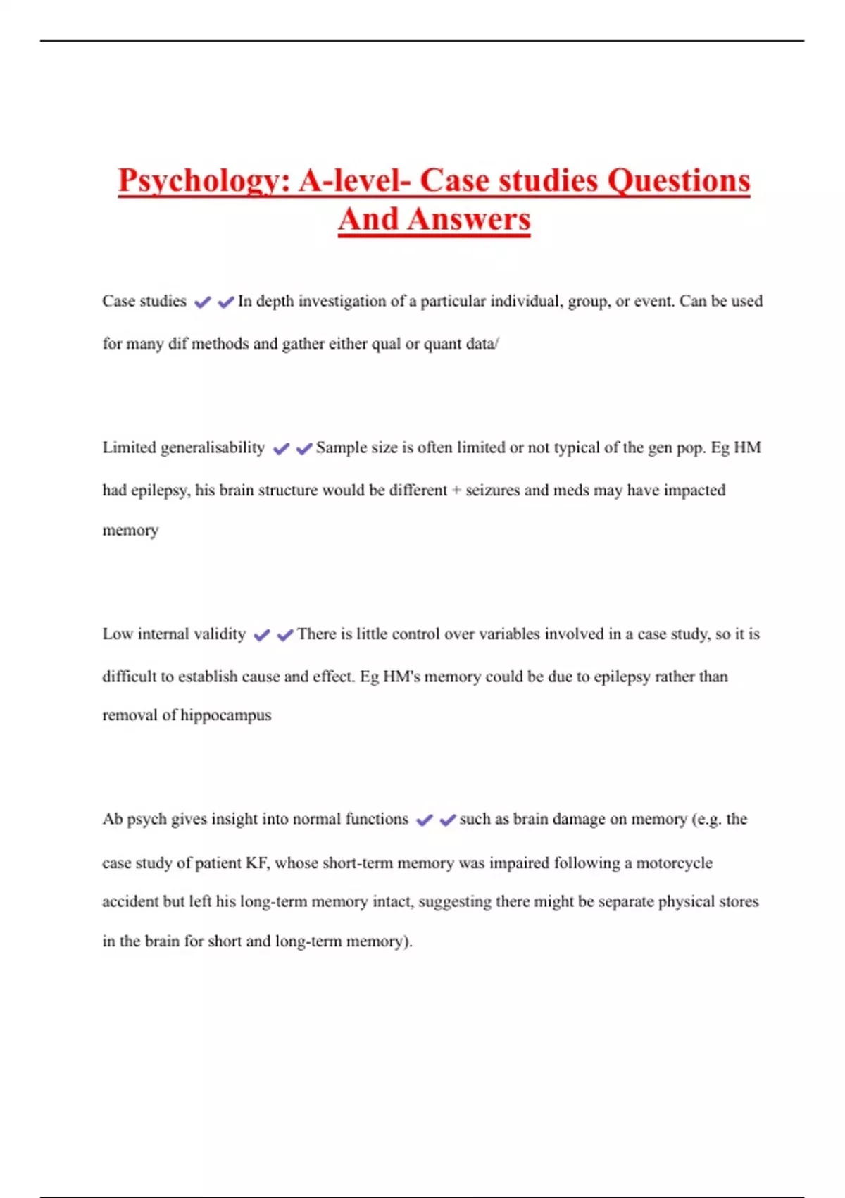 Psychology: A-level- Case studies Questions And Answers - Psychology: A ...