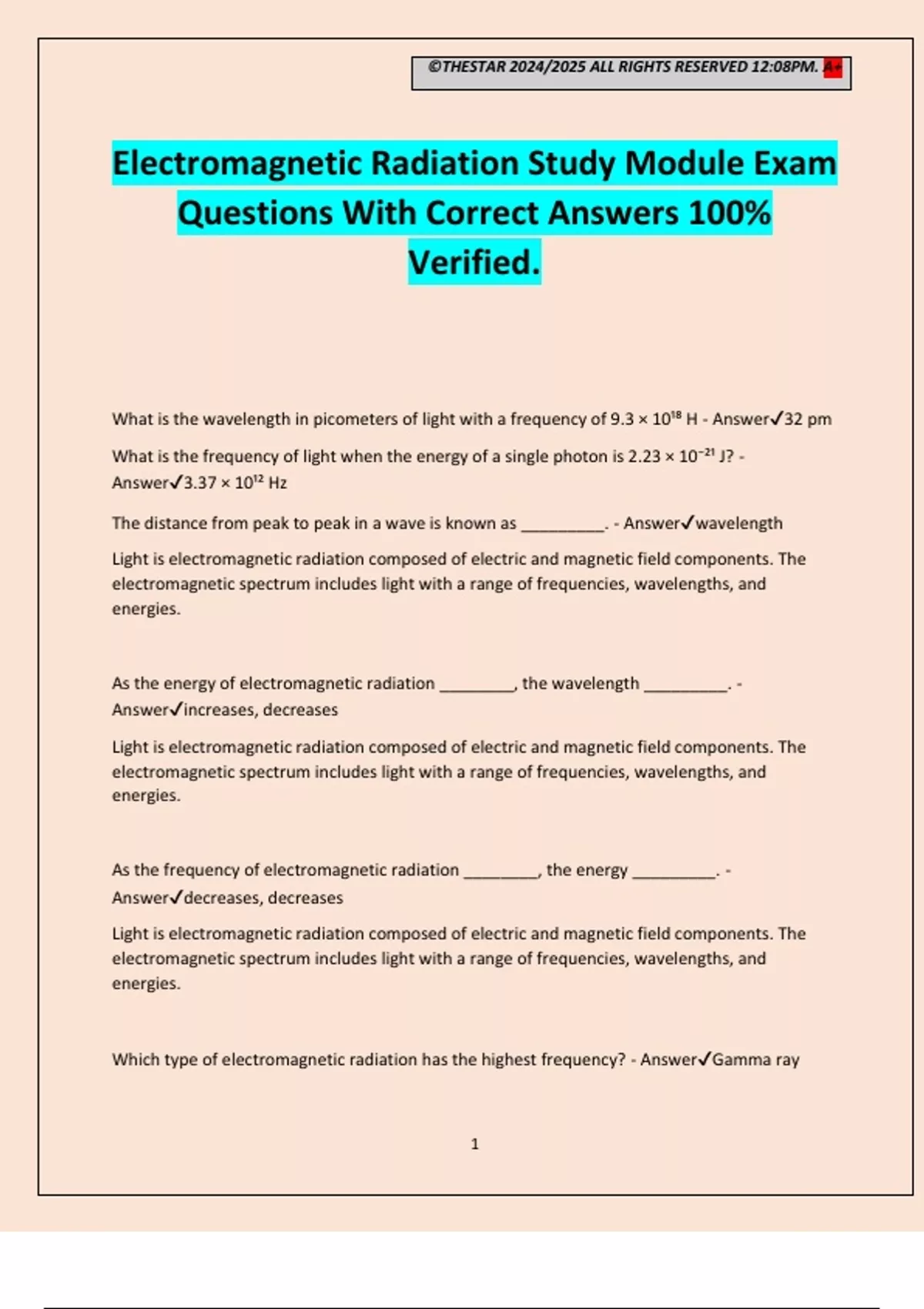 Electromagnetic Radiation Study Module Exam Questions With Correct Answers 100% Verified ...