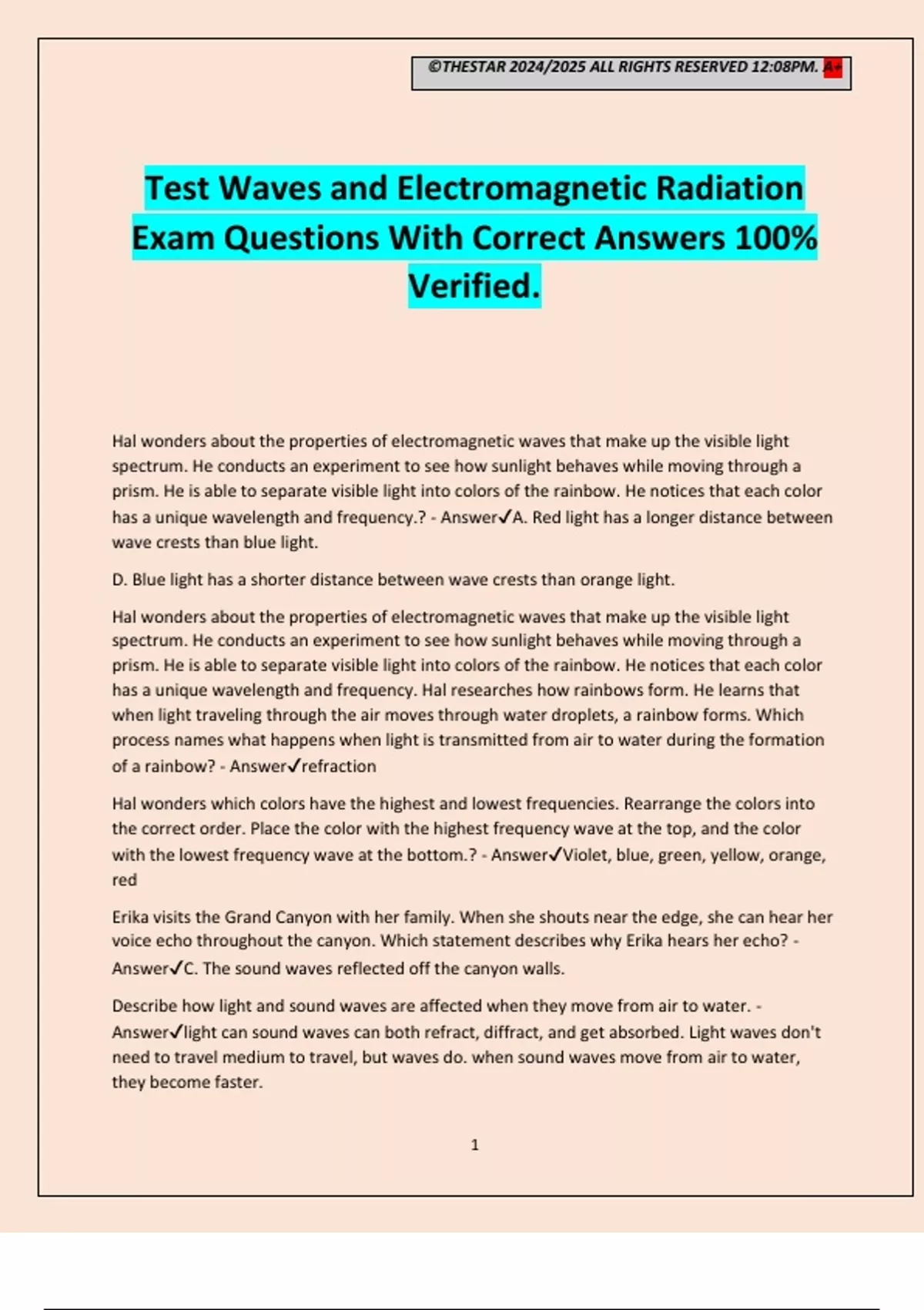 Test Waves and Electromagnetic Radiation Exam Questions With Correct ...