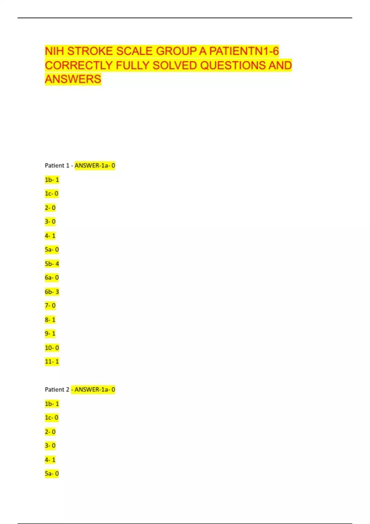 NIH STROKE SCALE GROUP A PATIENTN1-6 CORRECTLY FULLY SOLVED QUESTIONS ...