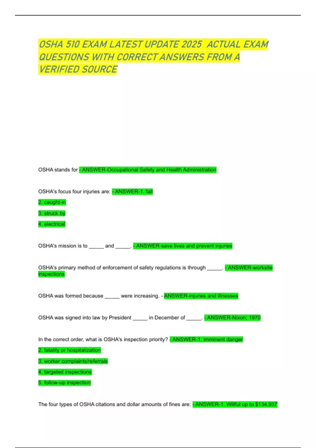 OSHA 510 EXAM LATEST UPDATE 2025 ACTUAL EXAM QUESTIONS WITH CORRECT ...