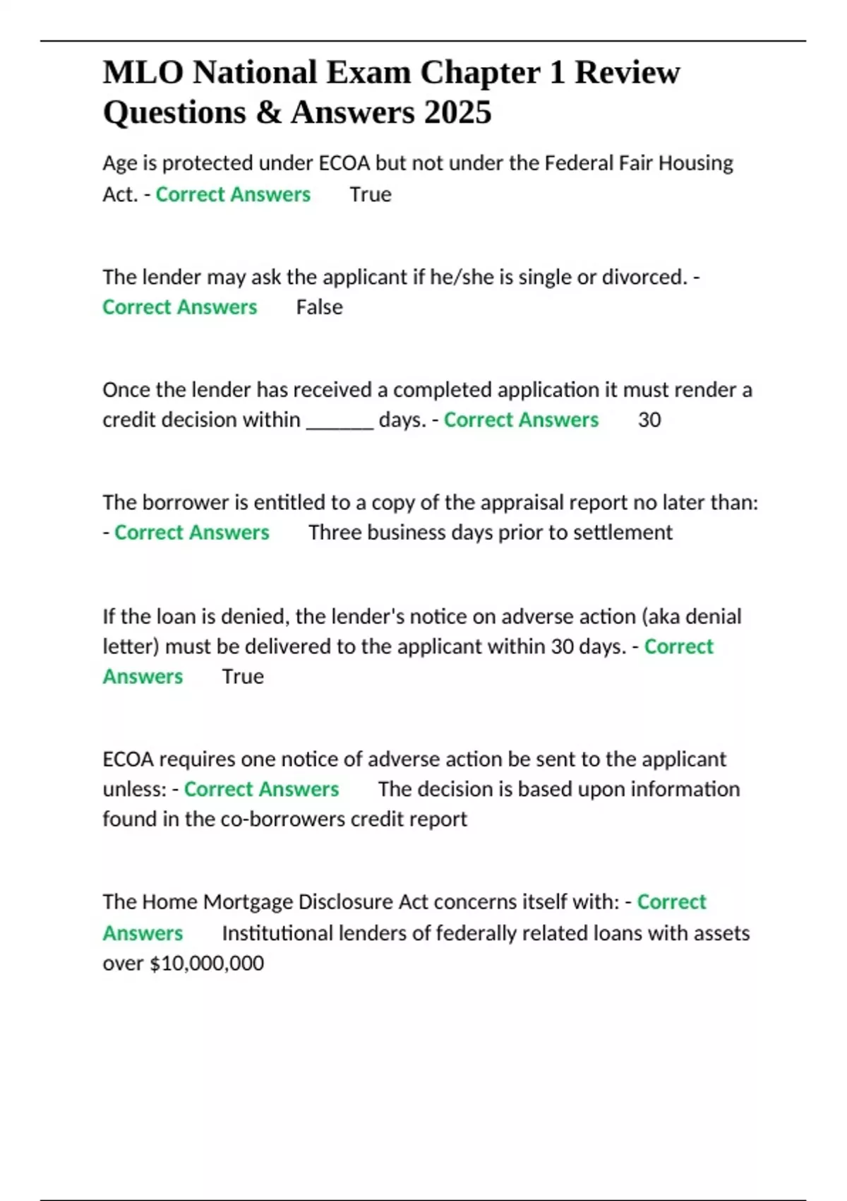 MLO National Exam Chapter 1 Review Questions & Answers 2025.docx - MLO ...