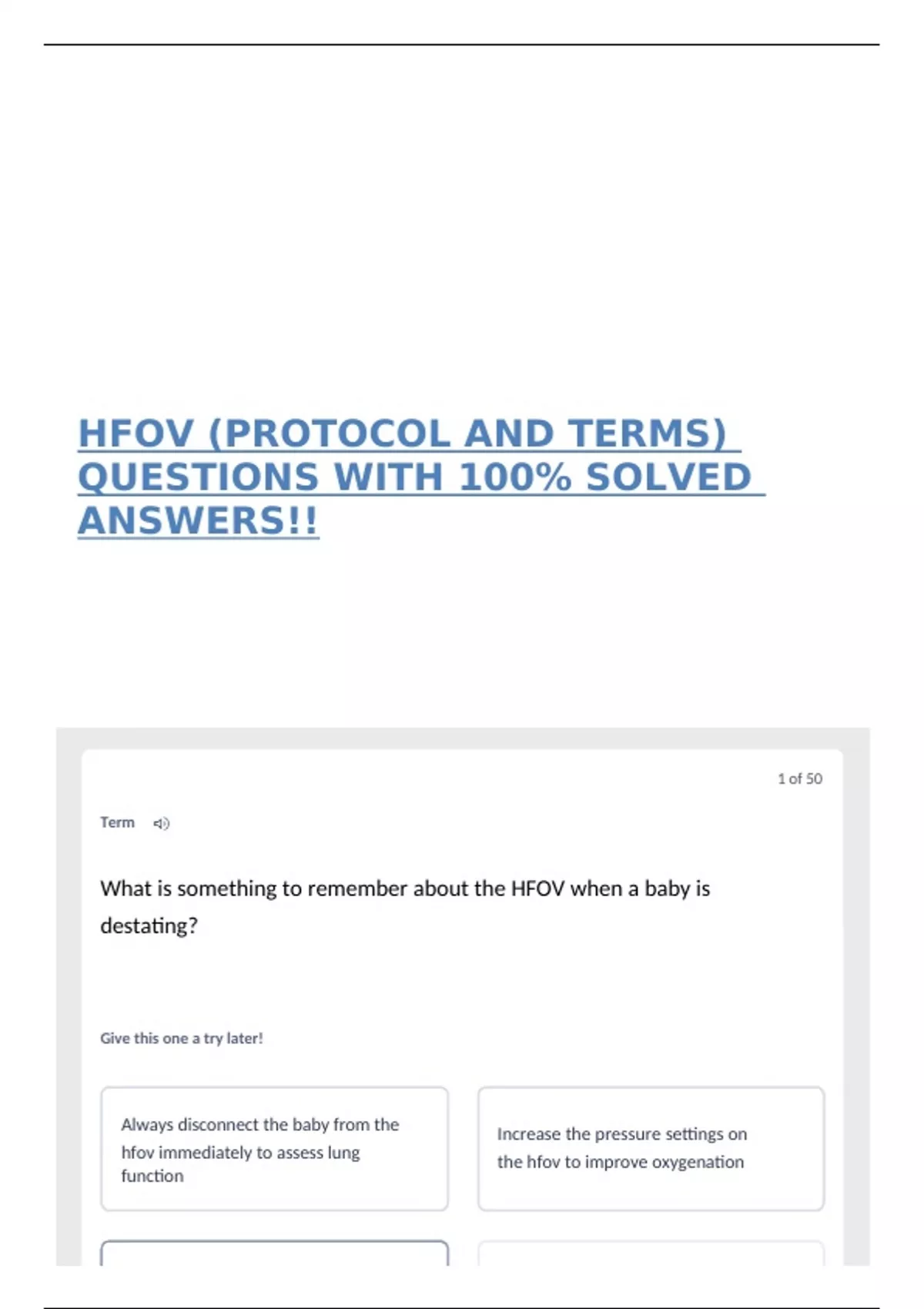 HFOV (PROTOCOL AND TERMS) QUESTIONS WITH 100% SOLVED ANSWERS!! - HFOV ...