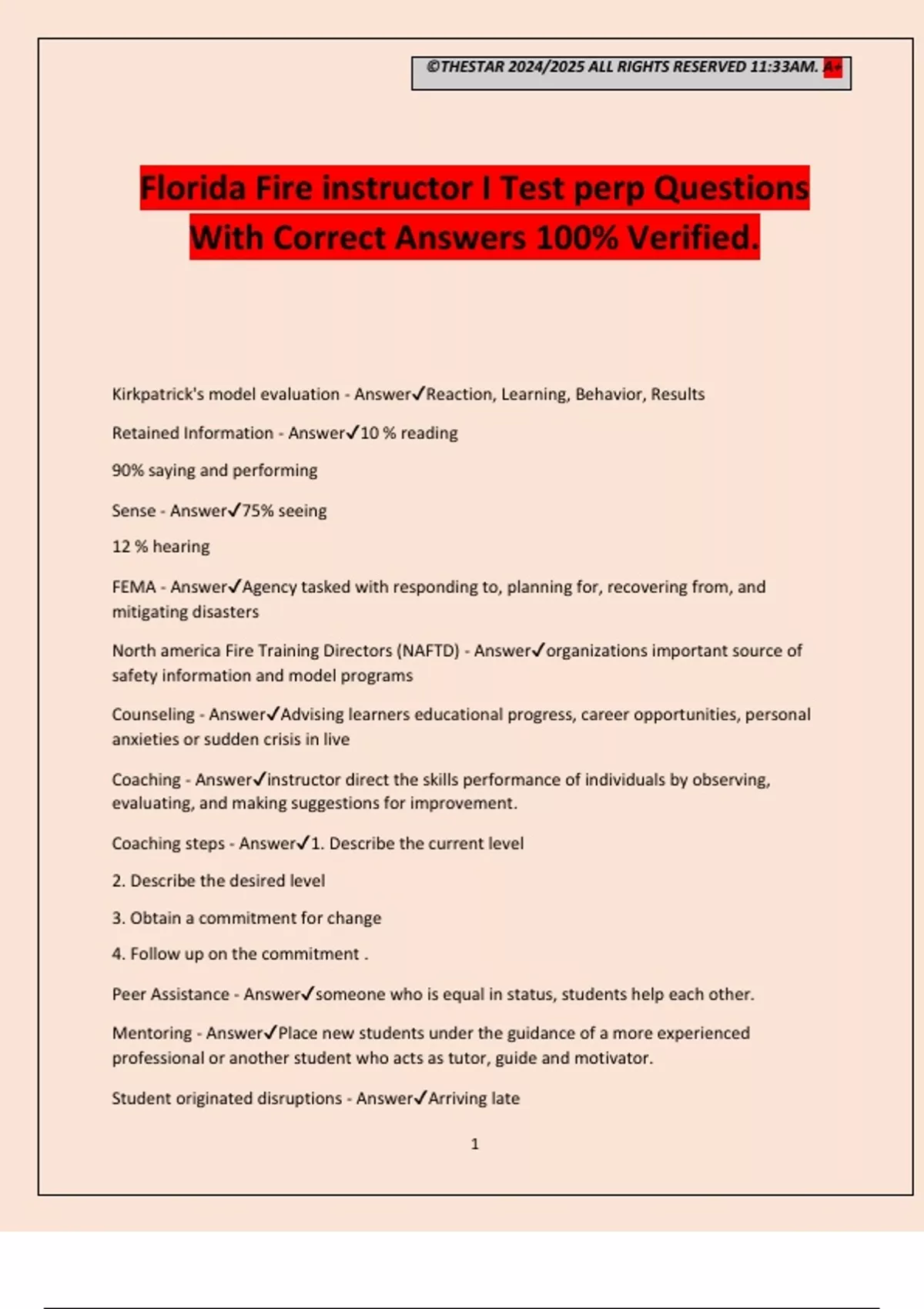 Florida Fire instructor I Test perp Questions With Correct Answers 100% ...