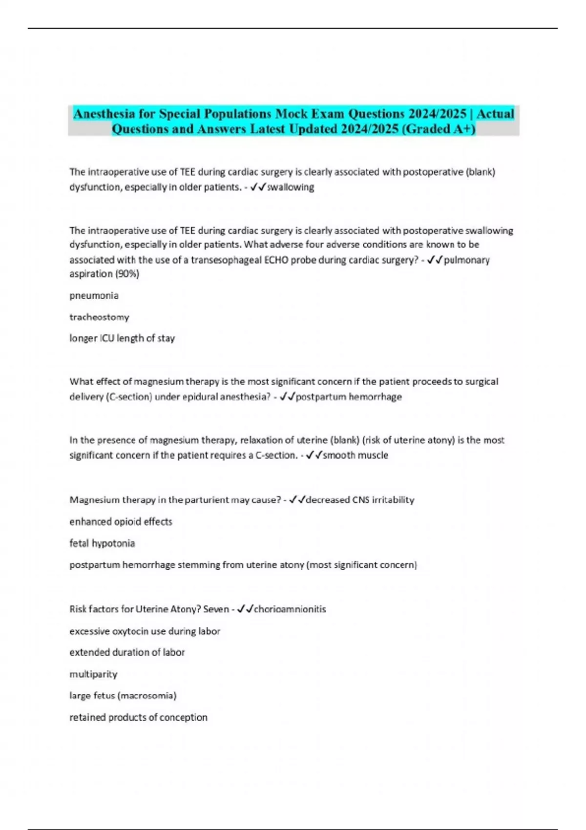 Anesthesia for Special Populations Mock Exam Questions 2024/2025 ...