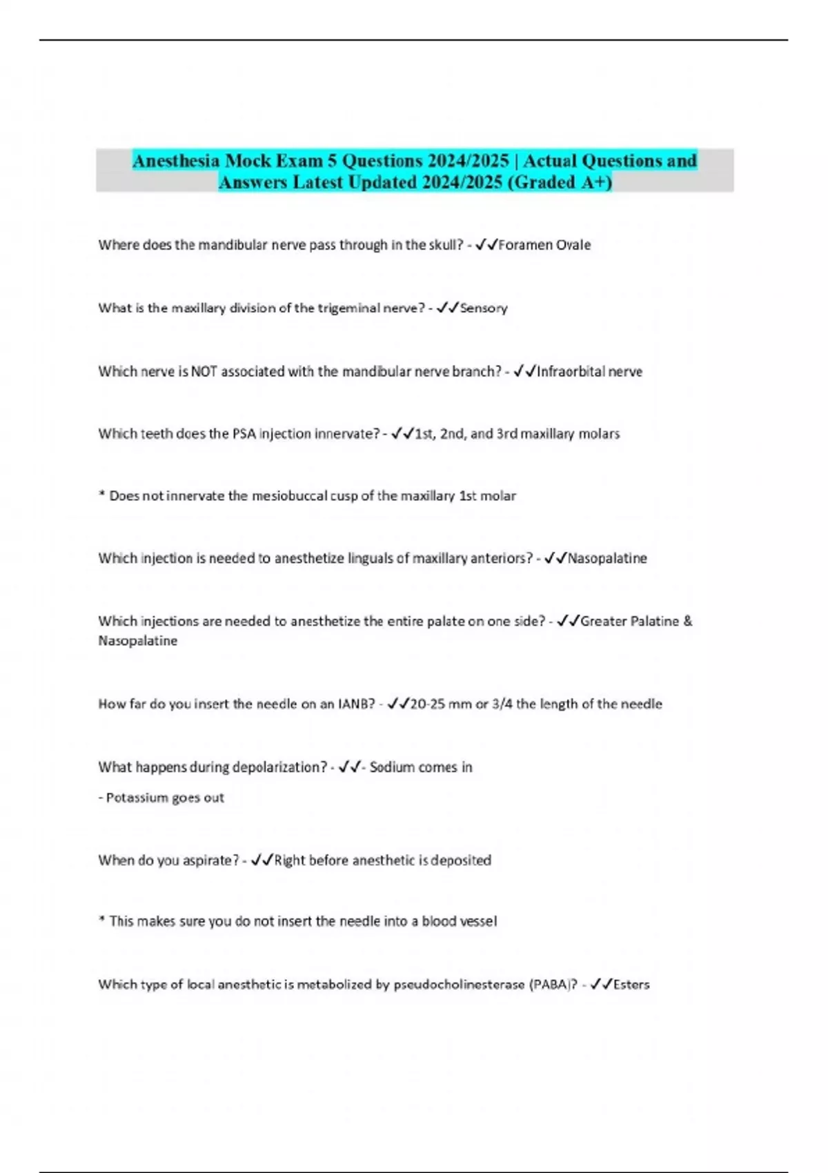 Anesthesia Mock Exam 5 Questions 2024/2025 | Actual Questions and ...