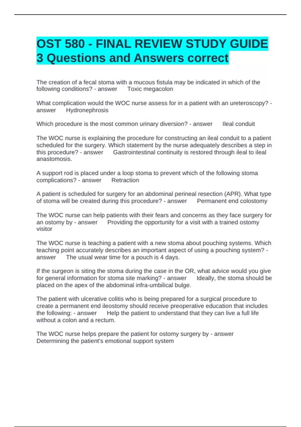 OST 580 - FINAL REVIEW STUDY GUIDE 3 Questions and Answers correct - N580 - Stuvia US