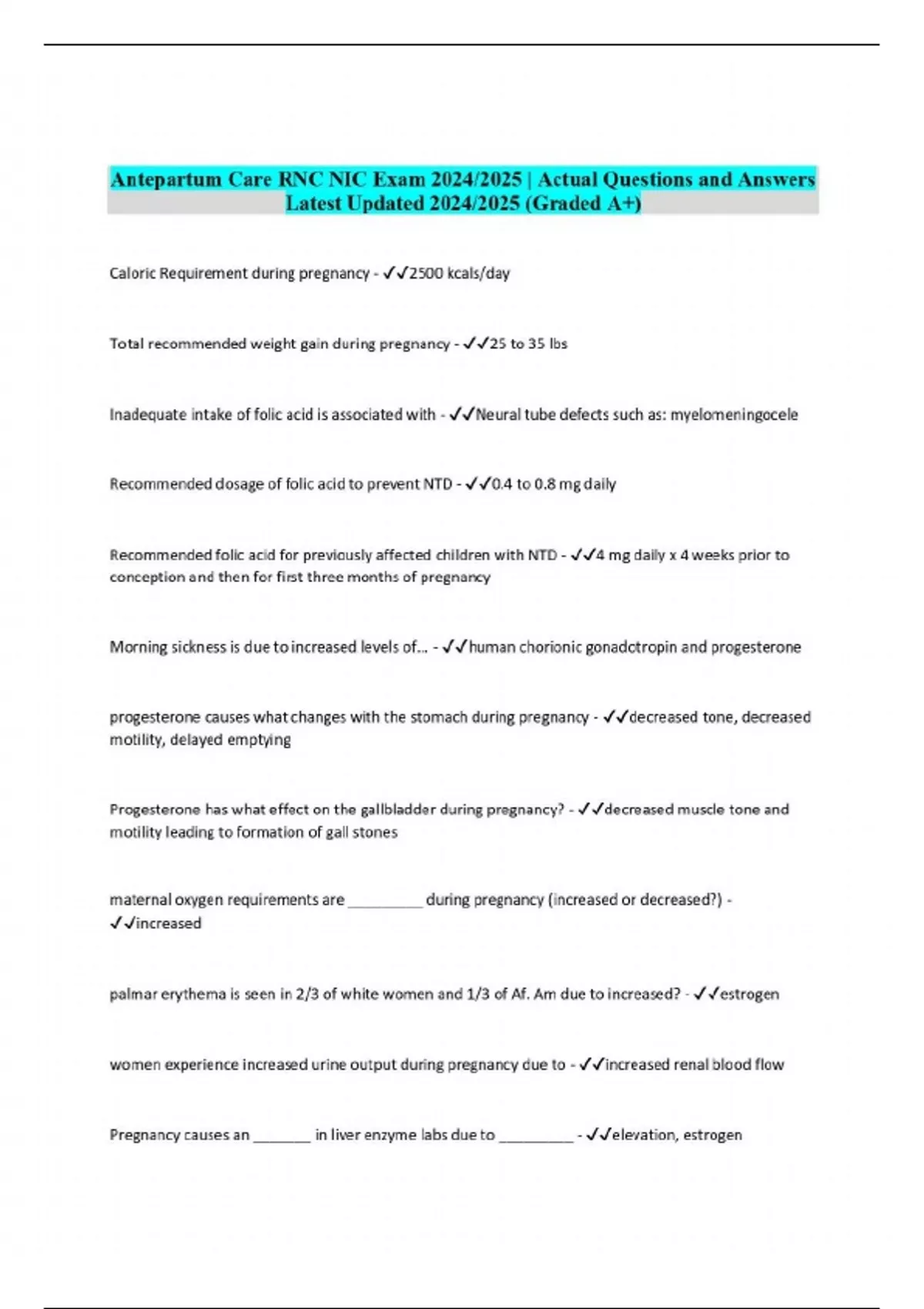Antepartum Care RNC NIC Exam 2024/2025 | Actual Questions and Answers ...