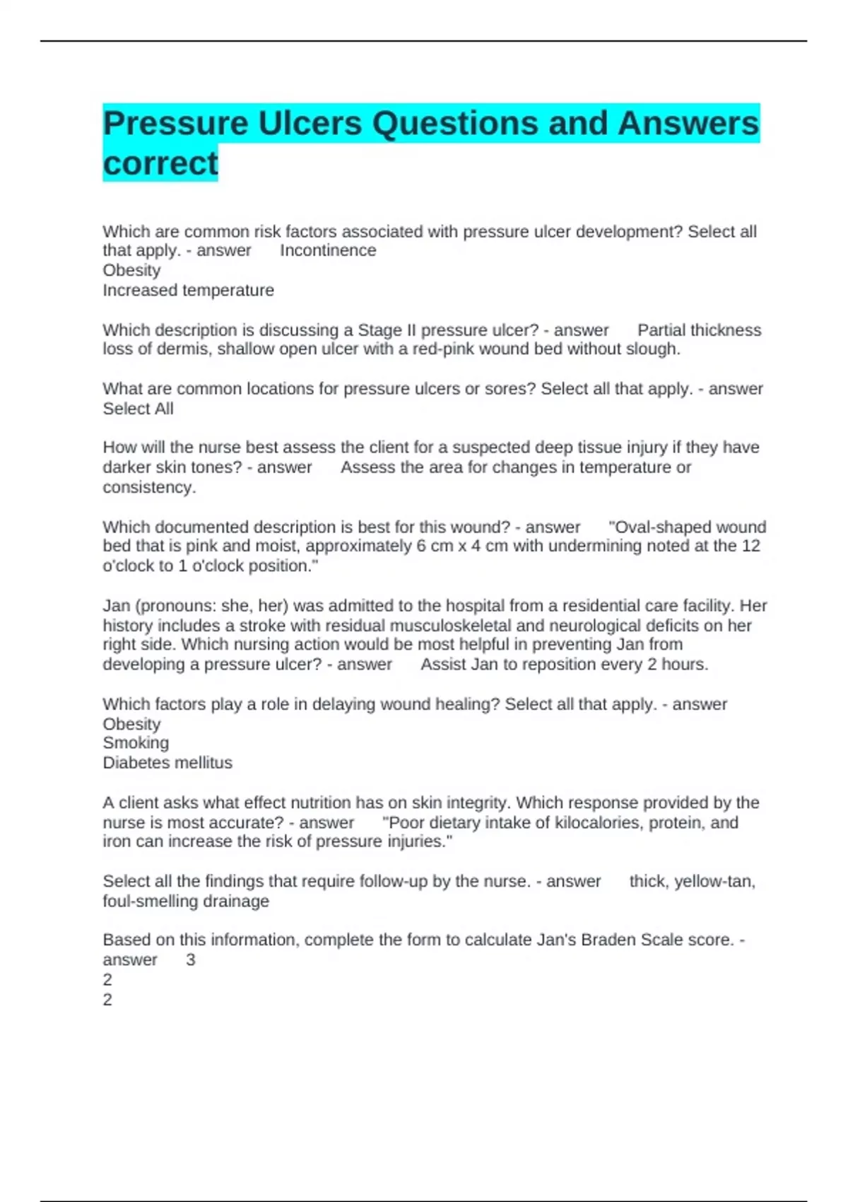 Pressure Ulcers Questions and Answers correct - N580 - Stuvia US