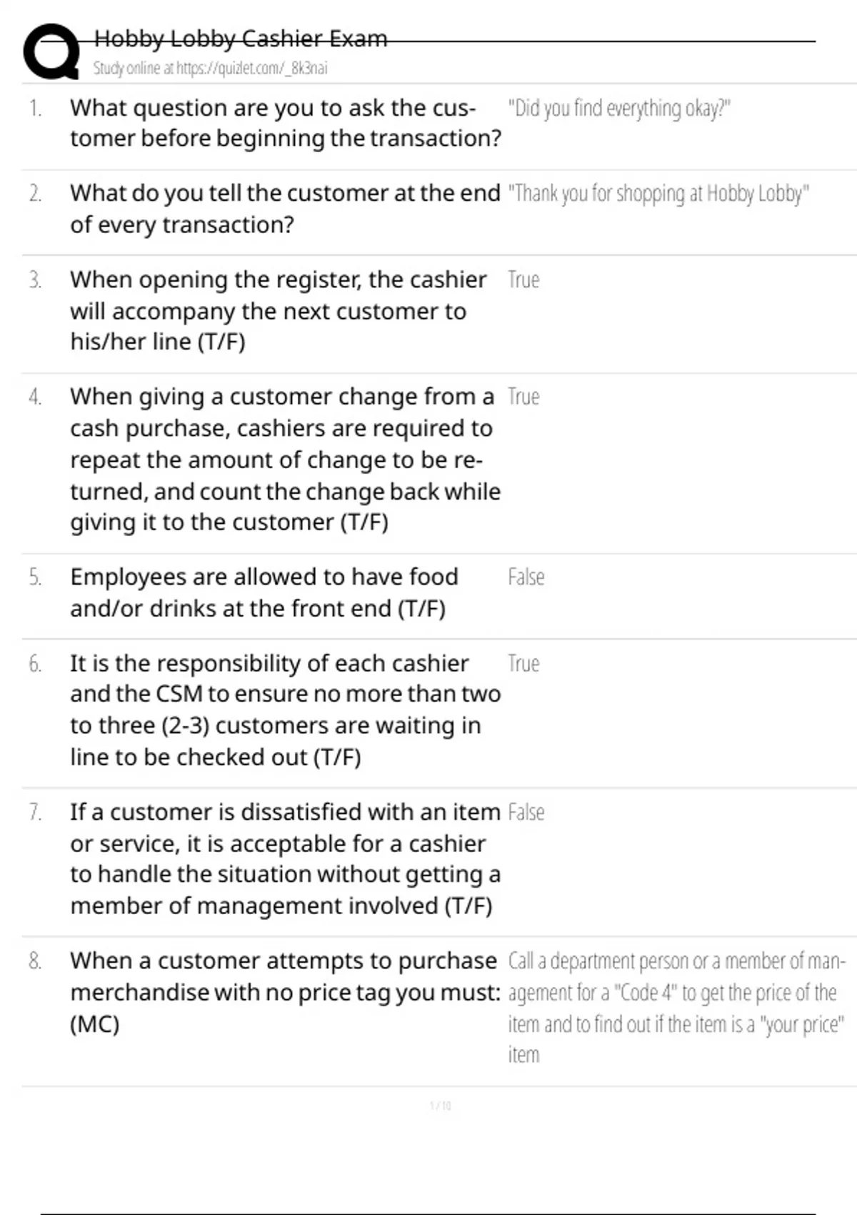 Hobby Lobby Cashier Exam/ Questions with Definitive Solution ...