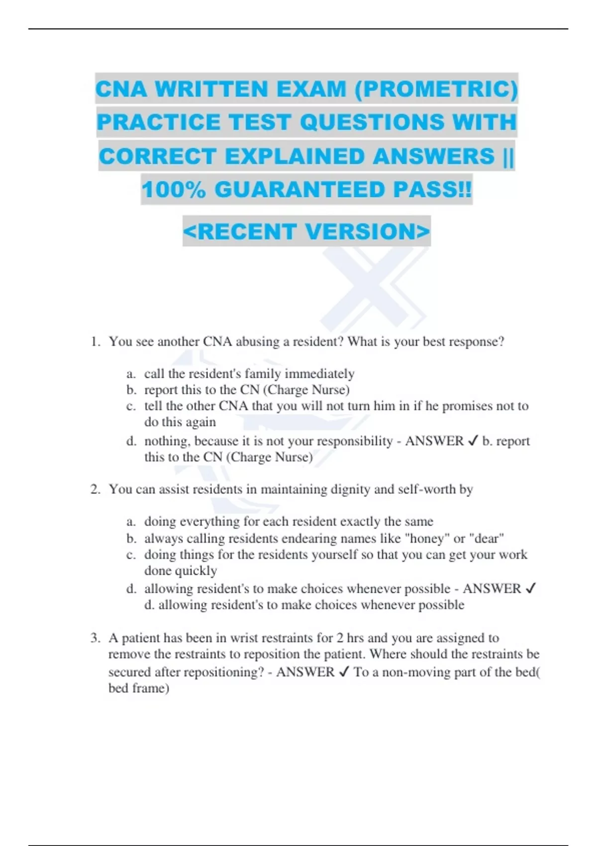 CNA WRITTEN EXAM (PROMETRIC) PRACTICE TEST QUESTIONS WITH CORRECT ...