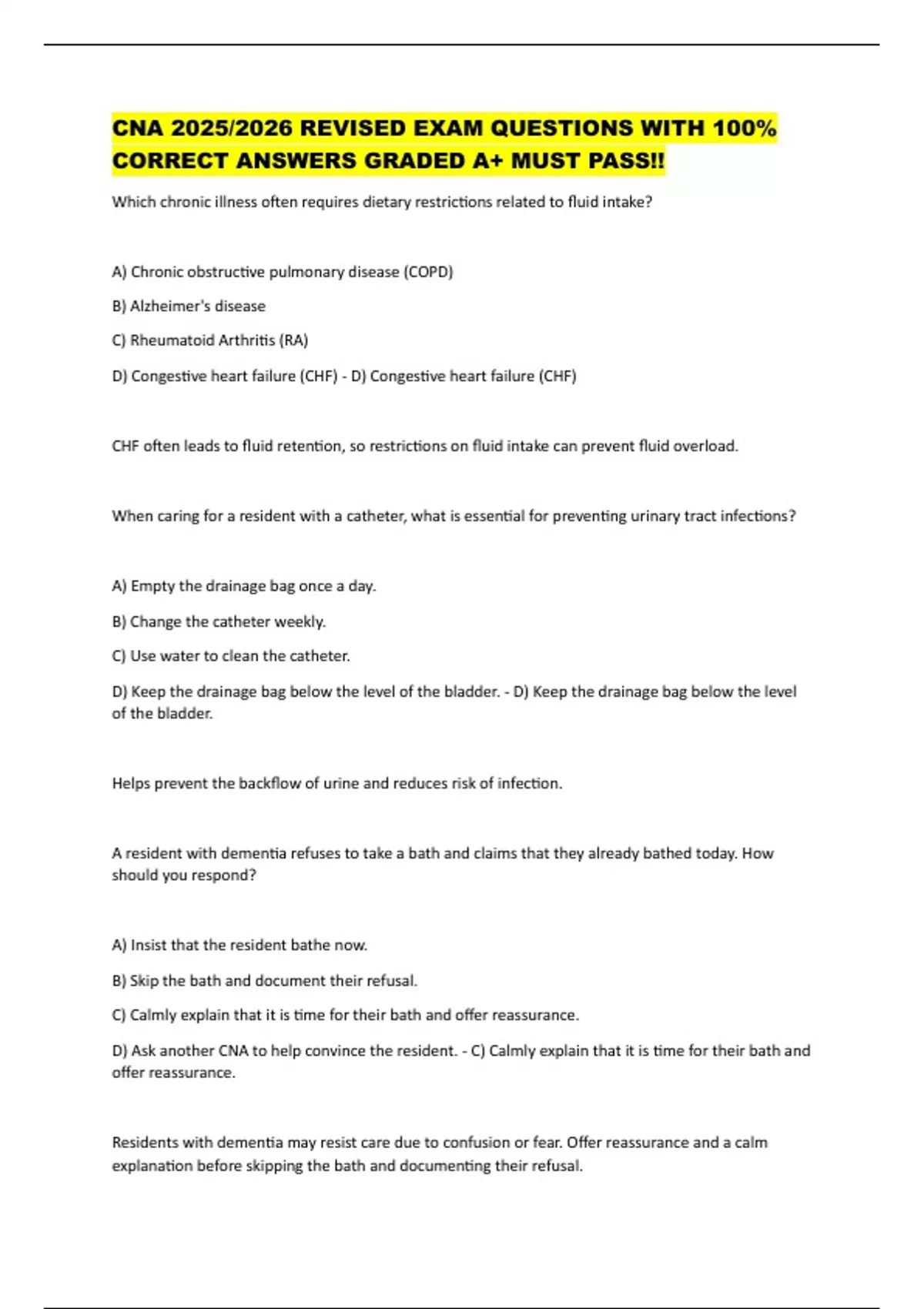 CNA 2025/2026 REVISED EXAM QUESTIONS WITH 100% CORRECT ANSWERS GRADED A+ MUST PASS!! - Cna ...