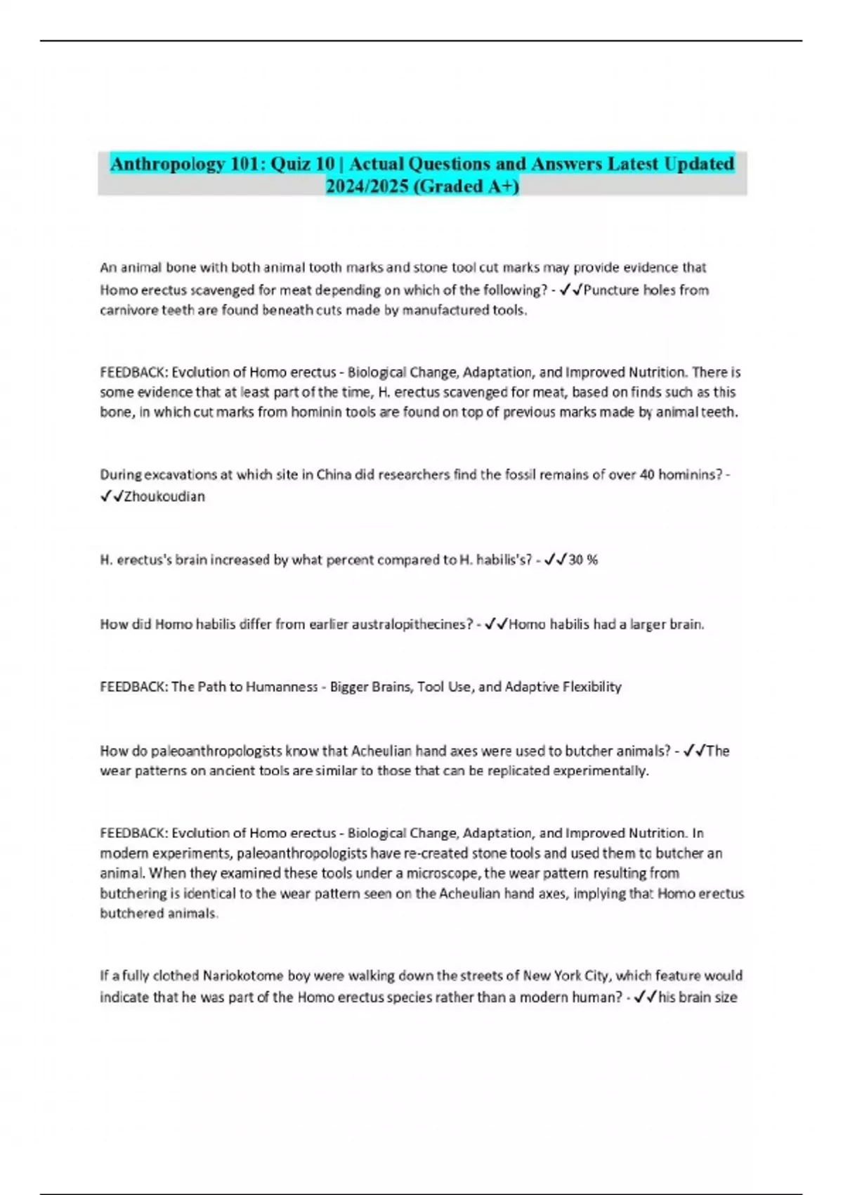 Anthropology 101: Quiz 10 | Actual Questions and Answers Latest Updated ...