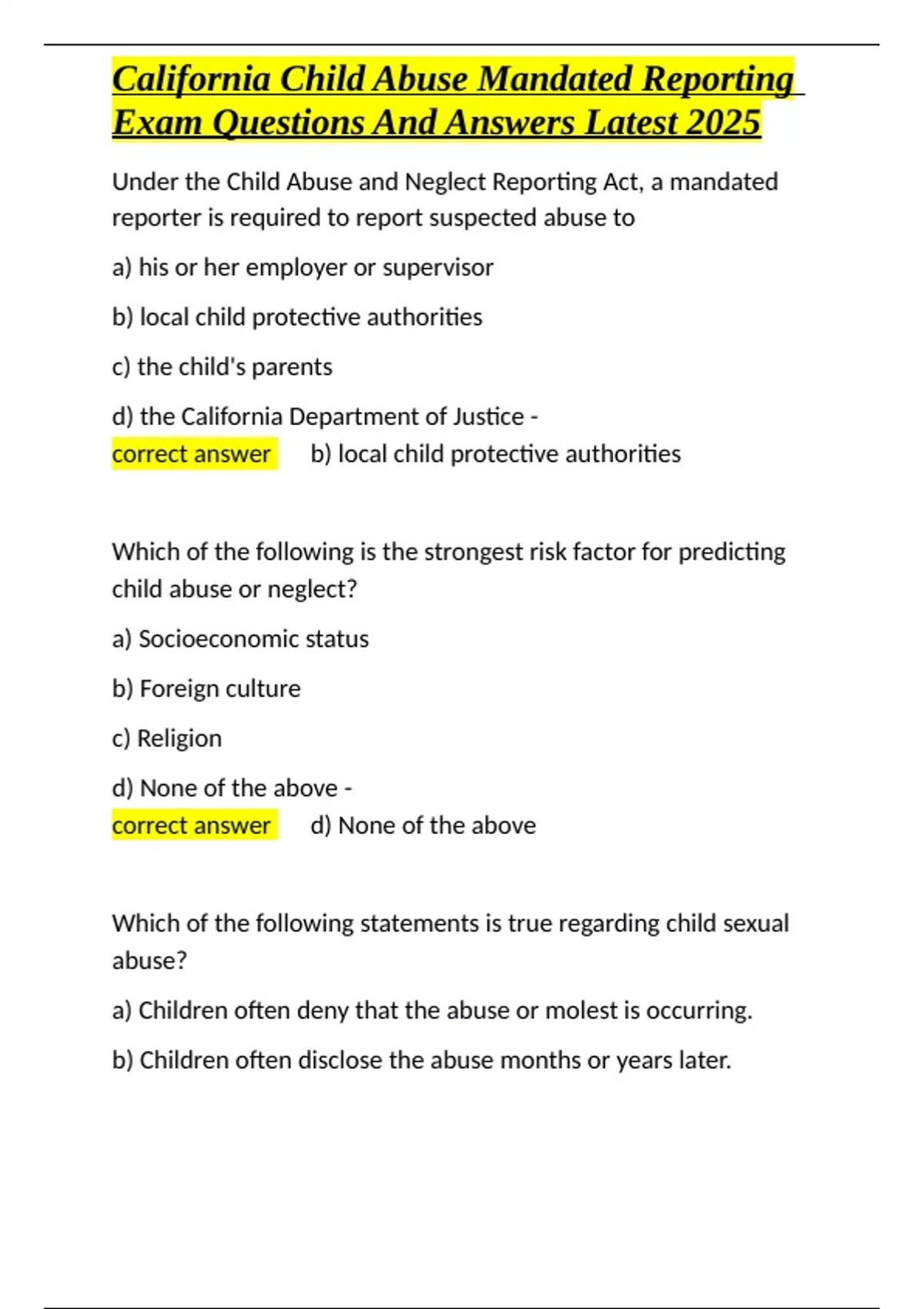 California Child Abuse Mandated Reporting Exam Questions And Answers ...