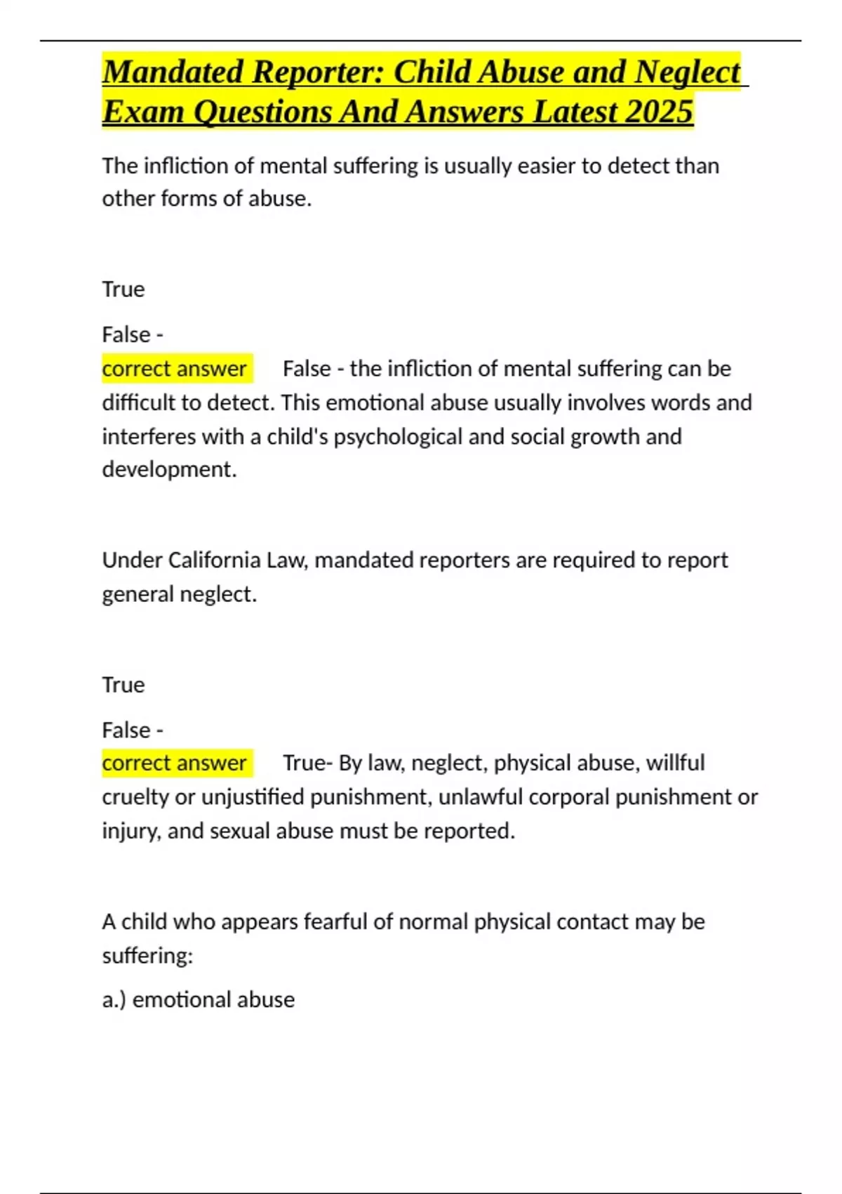 Mandated Reporter Child Abuse and Neglect Exam Questions And Answers ...