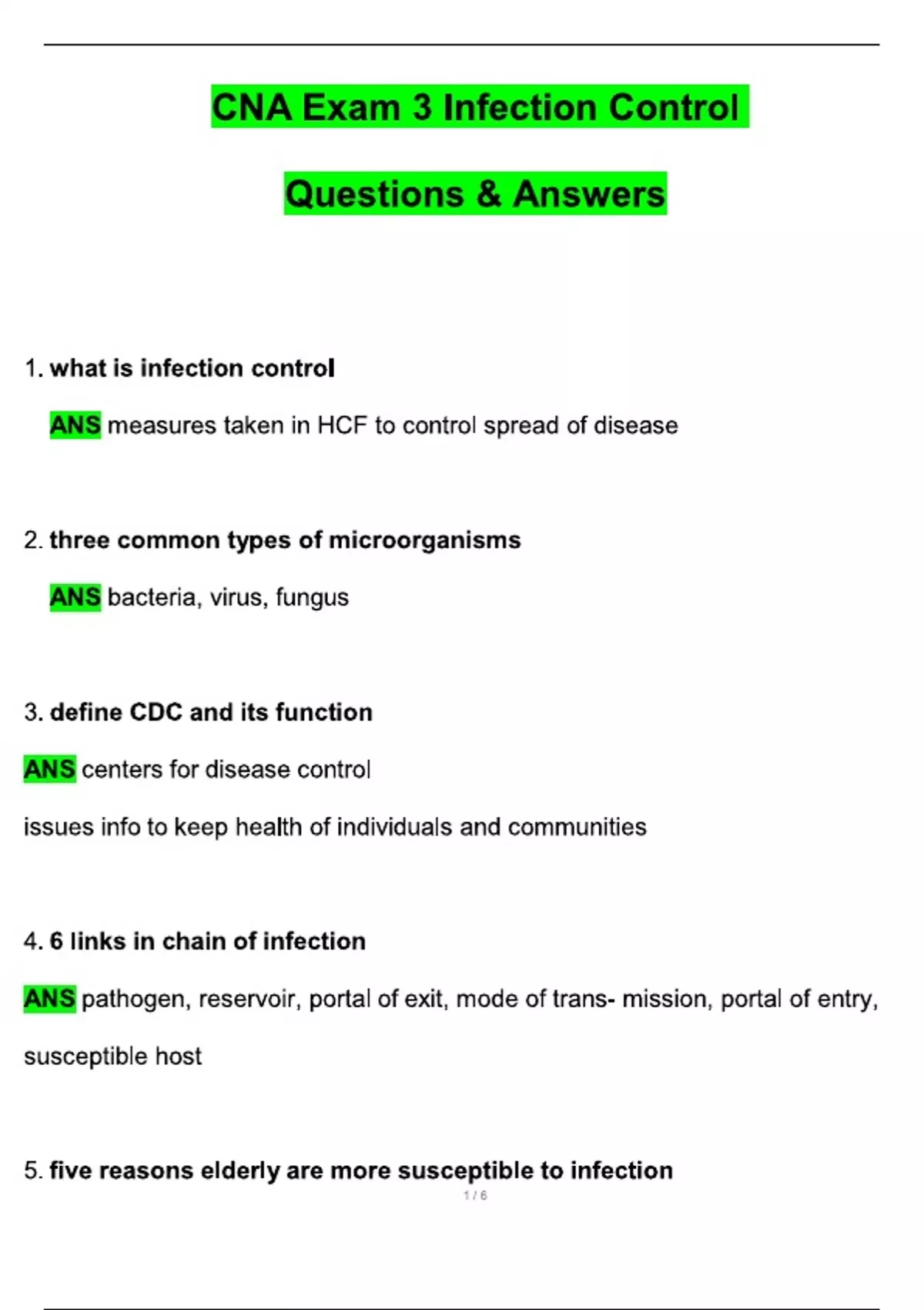 CNA Exam 3 Infection control (Latest 2025 / 2026 Update) Questions and ...