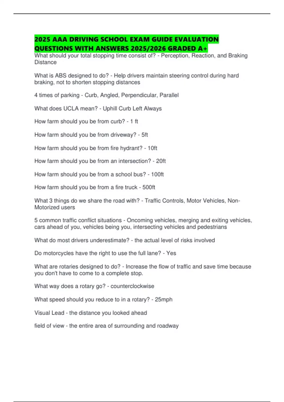 2025 AAA DRIVING SCHOOL EXAM GUIDE EVALUATION QUESTIONS WITH ANSWERS ...