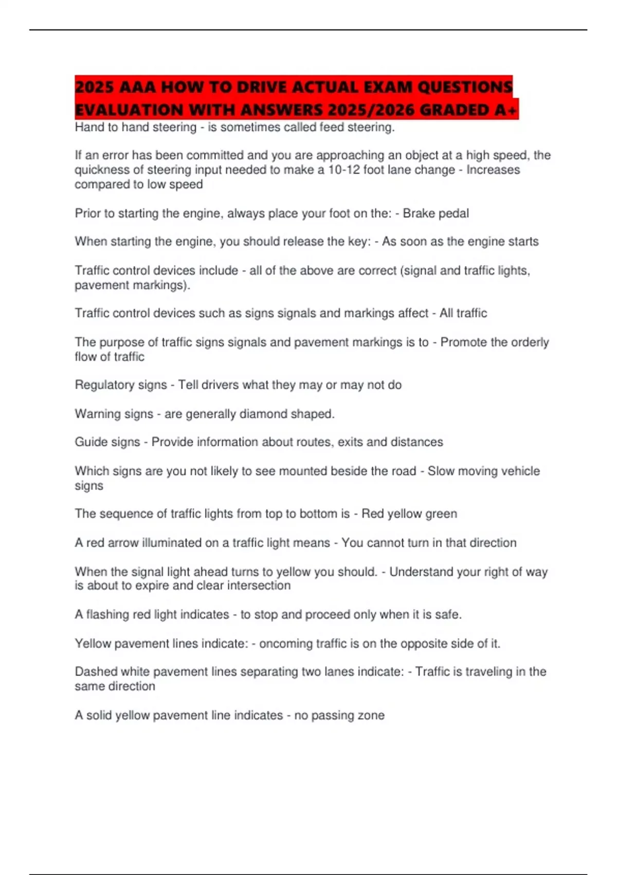 2025 AAA HOW TO DRIVE ACTUAL EXAM QUESTIONS EVALUATION WITH ANSWERS ...