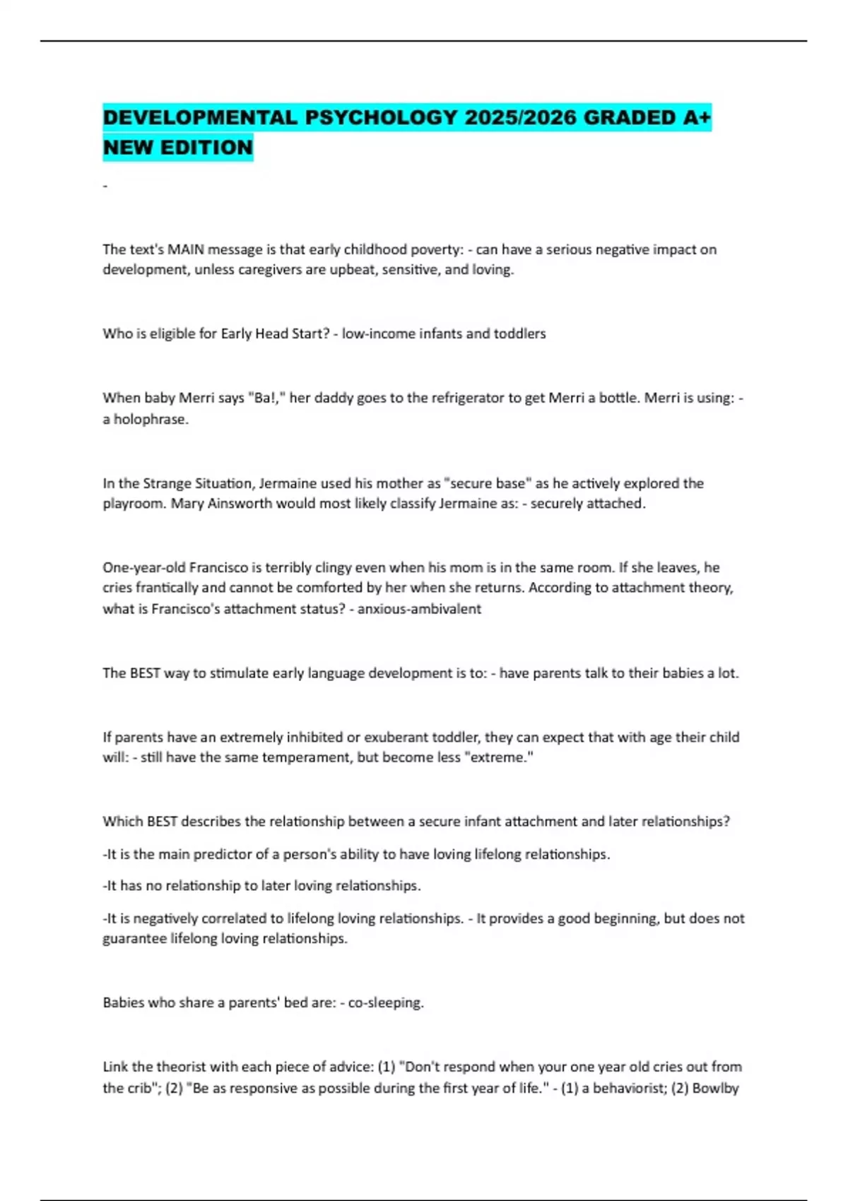 DEVELOPMENTAL PSYCHOLOGY 2025 GRADED A+ QUESTIONS WITH 100% CORRECT ...