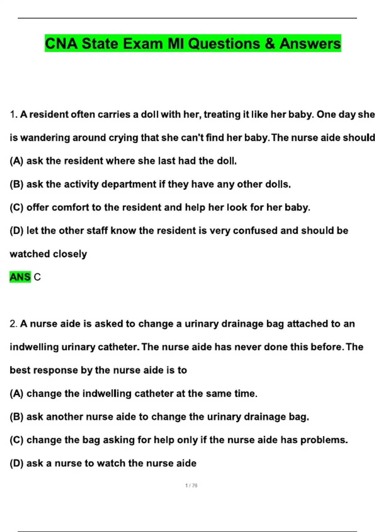 CNA State Exam MI (Latest 2025 / 2026 Update) Questions and Verified ...