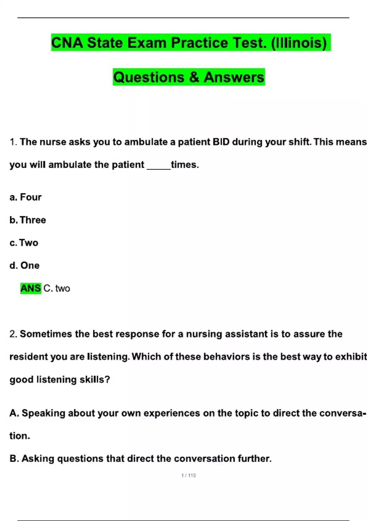 CNA State Exam Practice Test. (Illinois) (Latest 2025 / 2026 Update ...