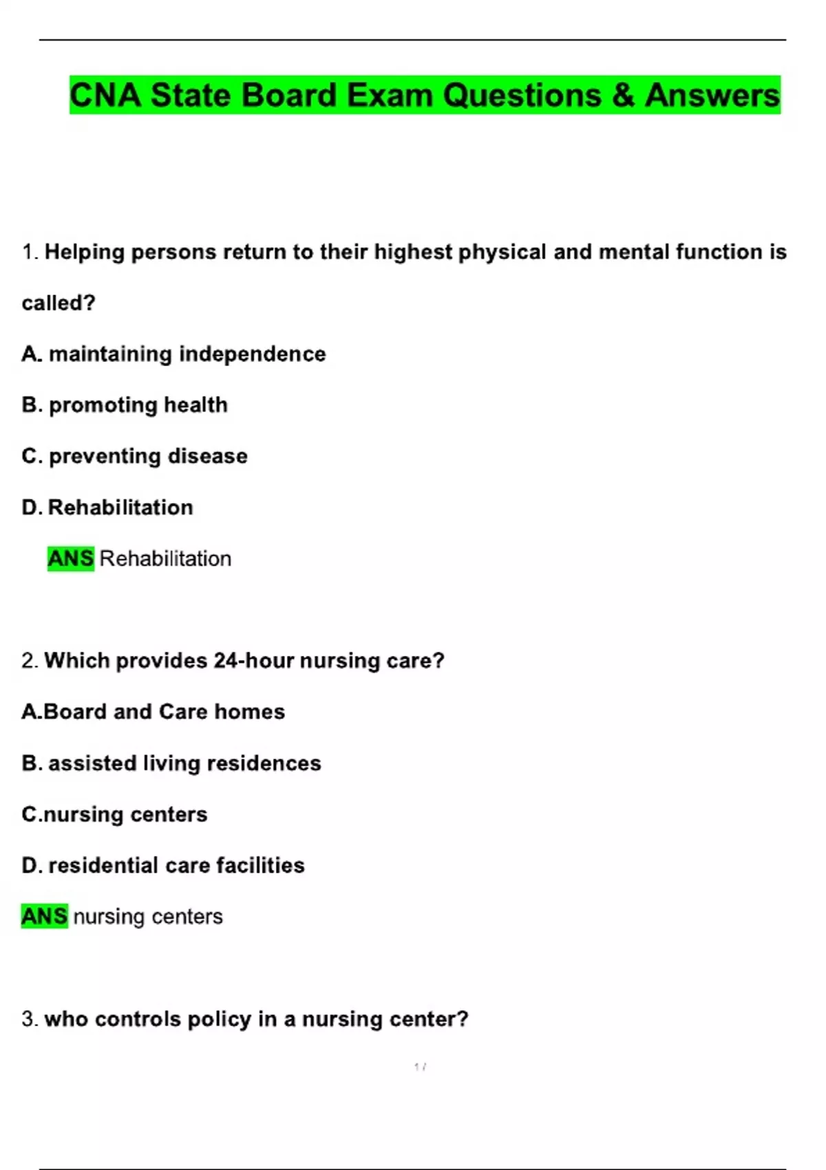 CNA STATE BOARD EXAM (Latest 2025 / 2026 Update) Questions and Verified ...