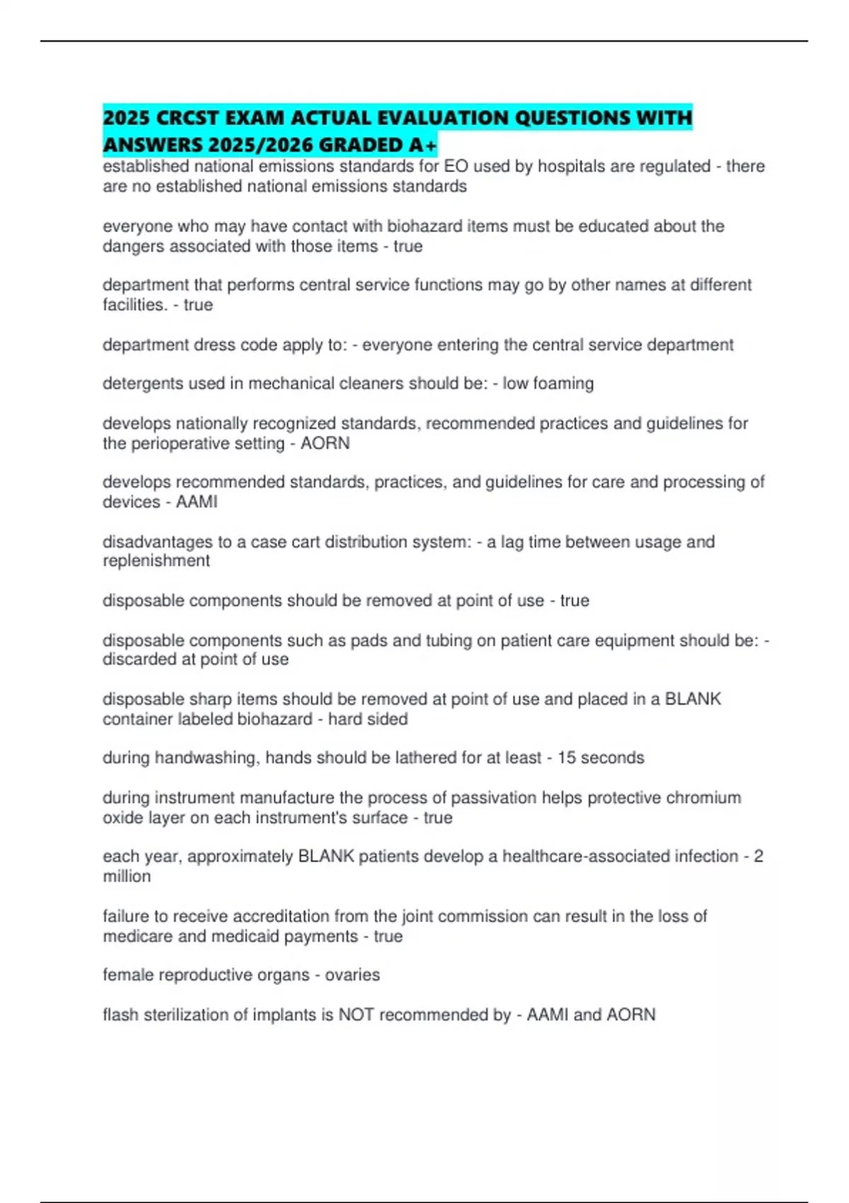 2025 CRCST EXAM ACTUAL EVALUATION QUESTIONS WITH ANSWERS 2025/2026 ...