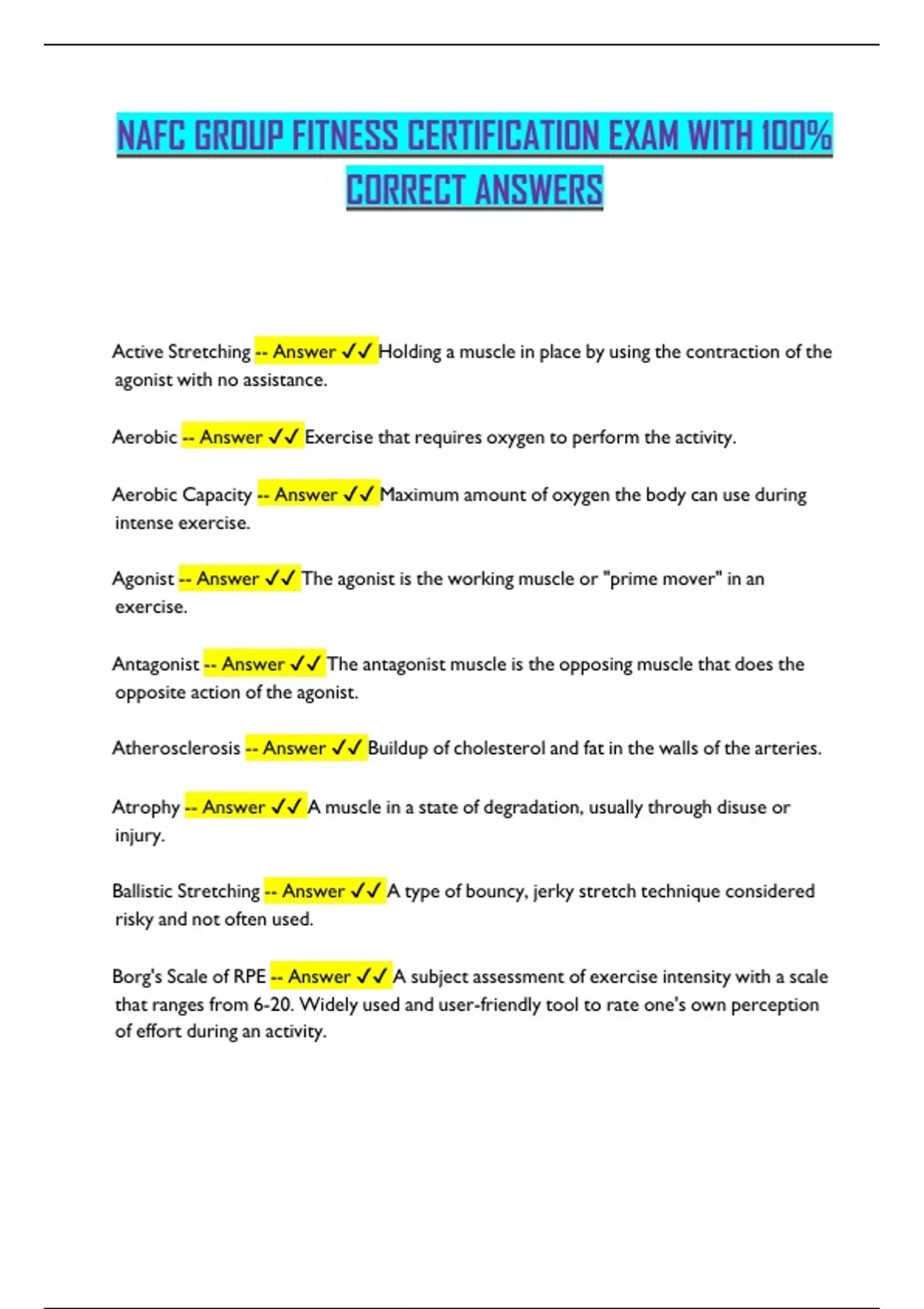 NAFC GROUP FITNESS CERTIFICATION EXAM WITH 100% CORRECT ANSWERS - NAFC ...