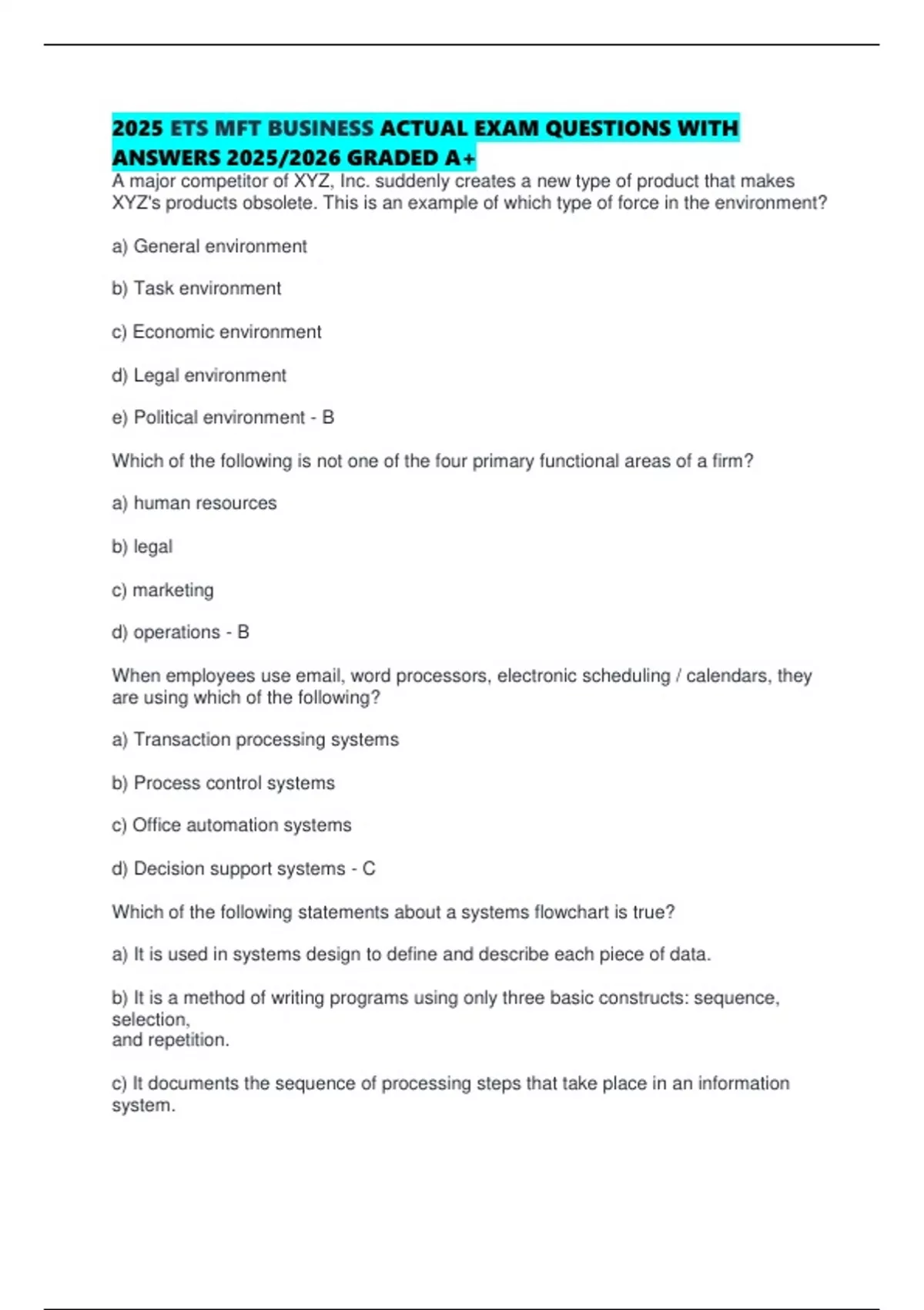 2025 ETS MFT BUSINESS ACTUAL EXAM QUESTIONS WITH ANSWERS 2025/2026 ...