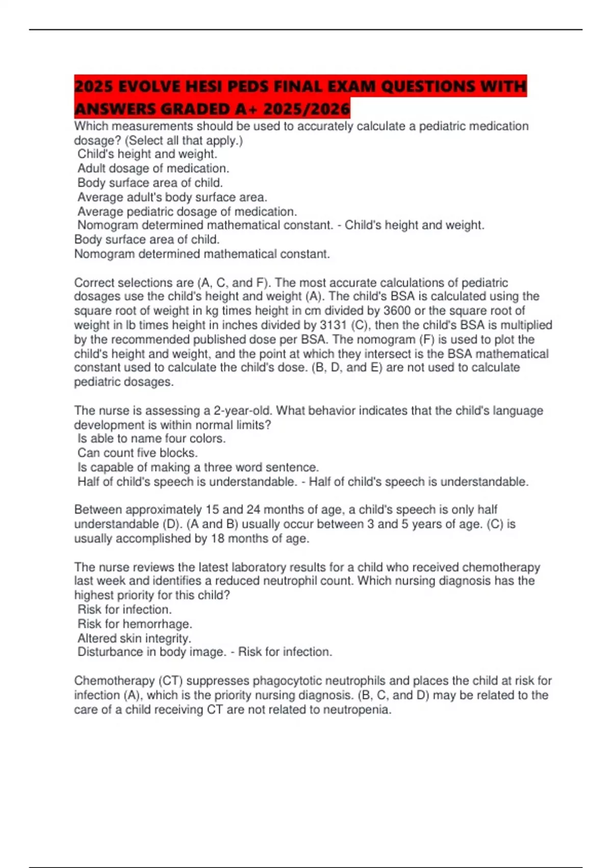 2025 EVOLVE HESI PEDS CORE EXAM QUESTIONS WITH ANSWERS GRADED A+ 2025/ ...