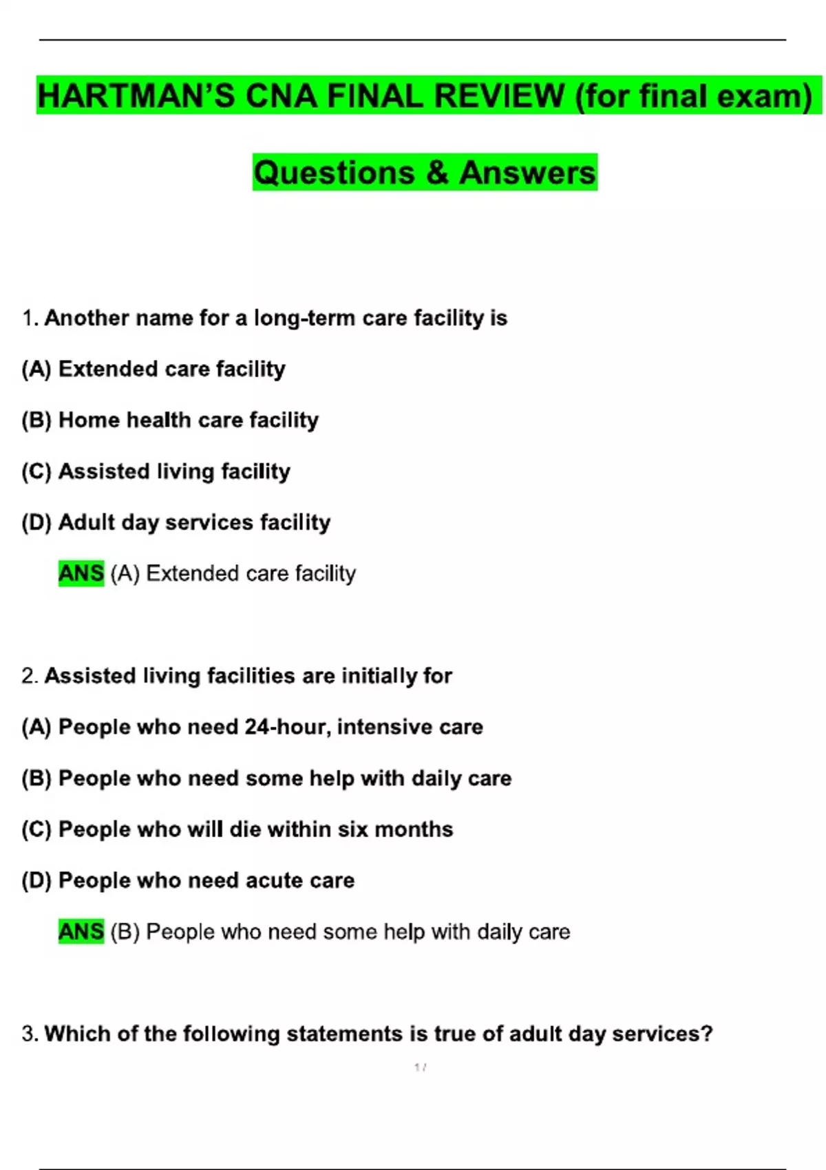 Hartman's CNA Final Review (Latest 2025 / 2026 Update) Questions and ...