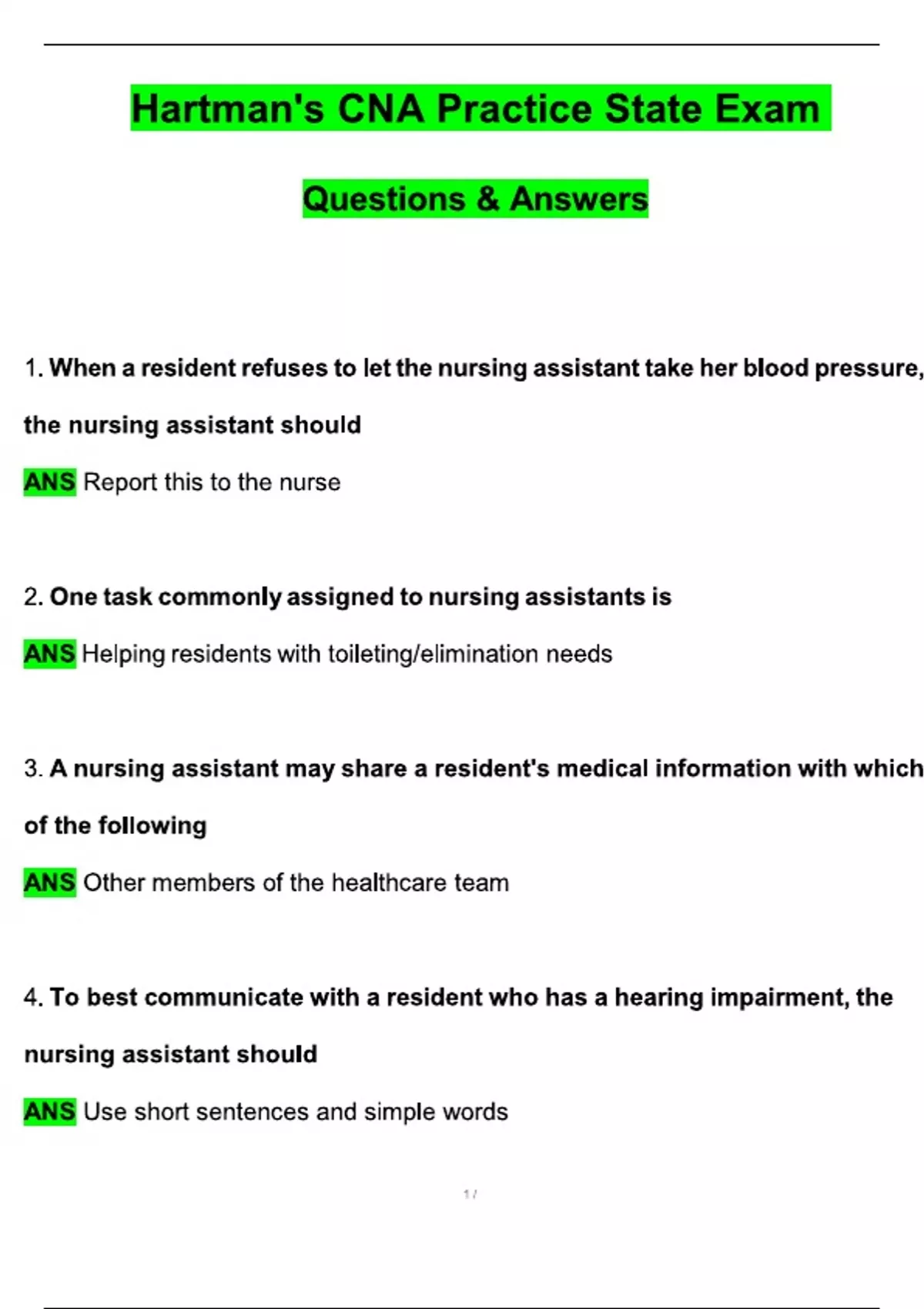 Hartman's CNA Practice State Exam (Latest 2025 / 2026 Update) Questions ...