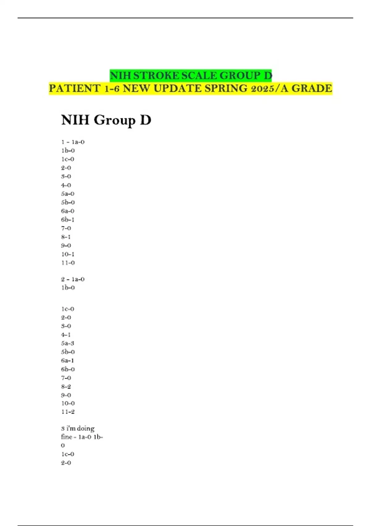 NIH STROKE SCALE GROUP D PATIENT 1-6 NEW UPDATE SPRING 2025/A GRADE ...