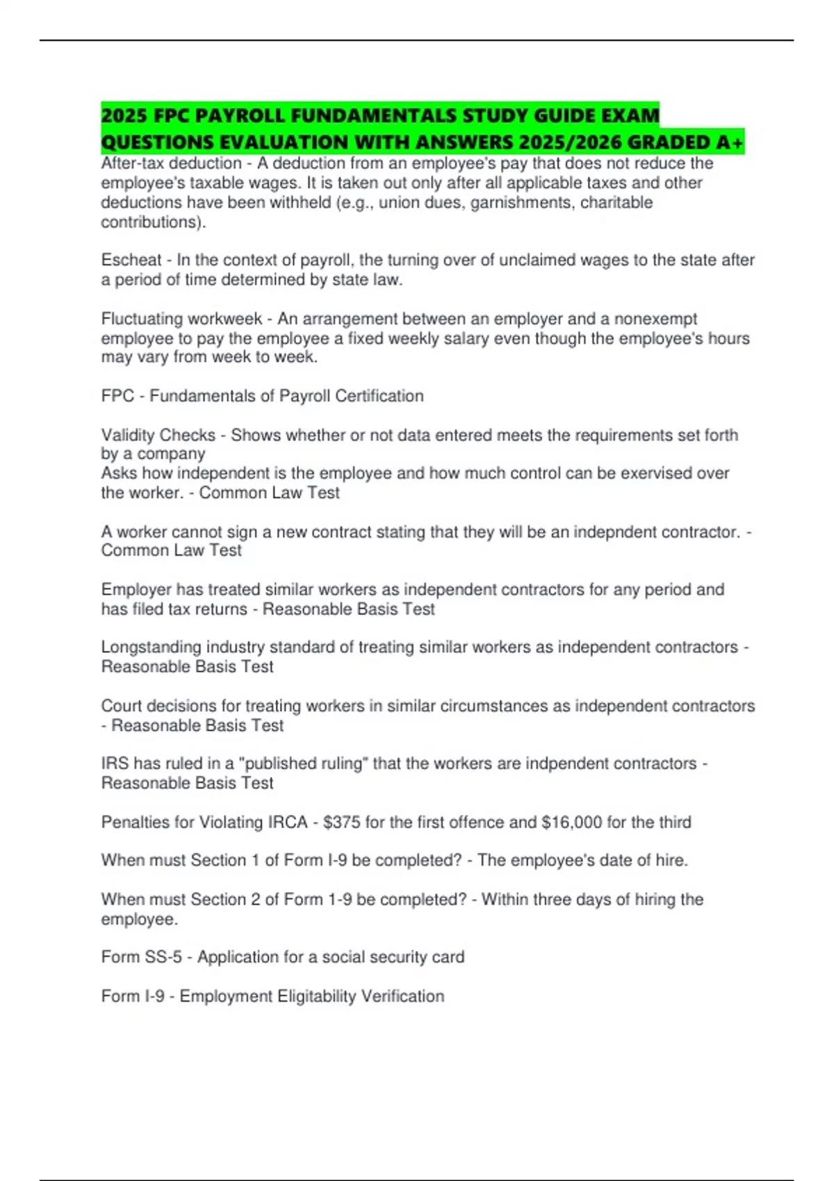 2025 FPC PAYROLL FUNDAMENTALS STUDY GUIDE EXAM QUESTIONS EVALUATION WITH ANSWERS 2025/2026 ...