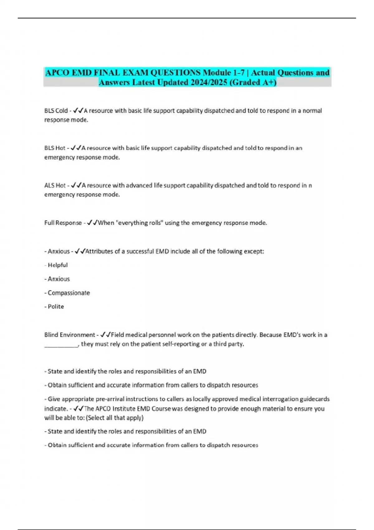 APCO EMD FINAL EXAM QUESTIONS Module 1-7 | Actual Questions and Answers ...