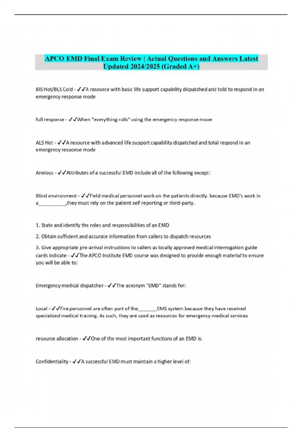 APCO EMD Final Exam Review | Actual Questions and Answers Latest ...